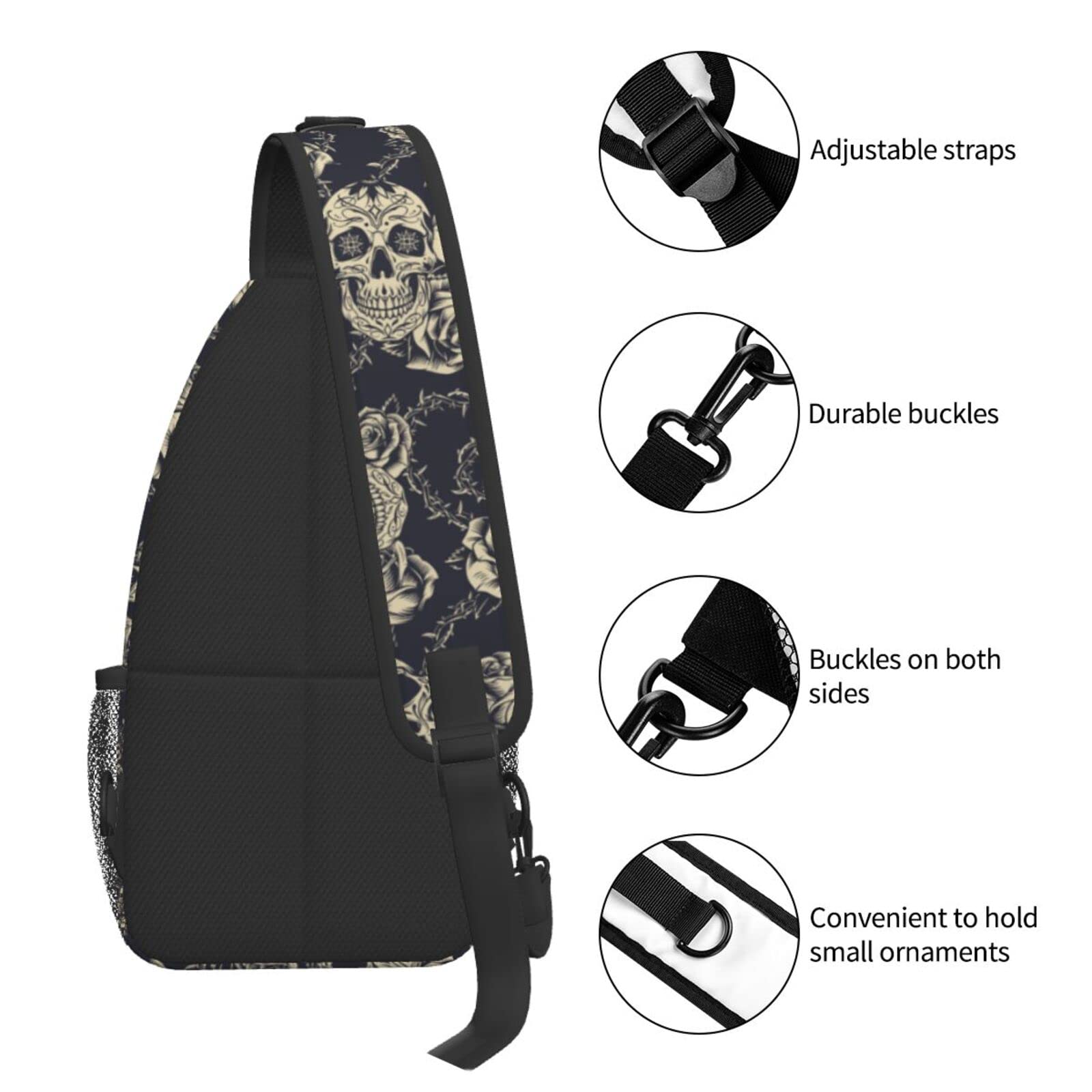 Skull Rose Sling Bag Crossbody Travel Hiking Chest Backpack Shoulder Daypack for Women Men