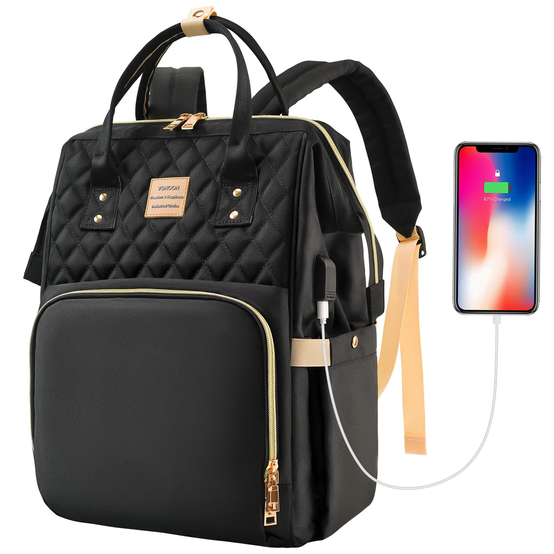 VSNOON Laptop Backpack for Women, 15.6 Inch Travel Backpack Purse with USB Port, Stylish, Water Resistant, Backpack for Women Men Girls Teacher Nurse School Work Travel, Black