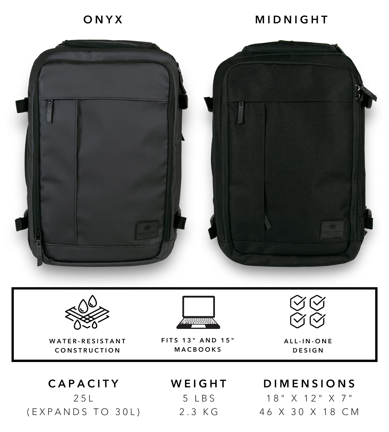 Here & Now Supply Travel Laptop Backpack for Men & Women | Casual Large Water Resistant Anti-Theft Hiking Backpack suited for Outdoors and Indoor use with Duffle Bag Strap | Black (Onyx)