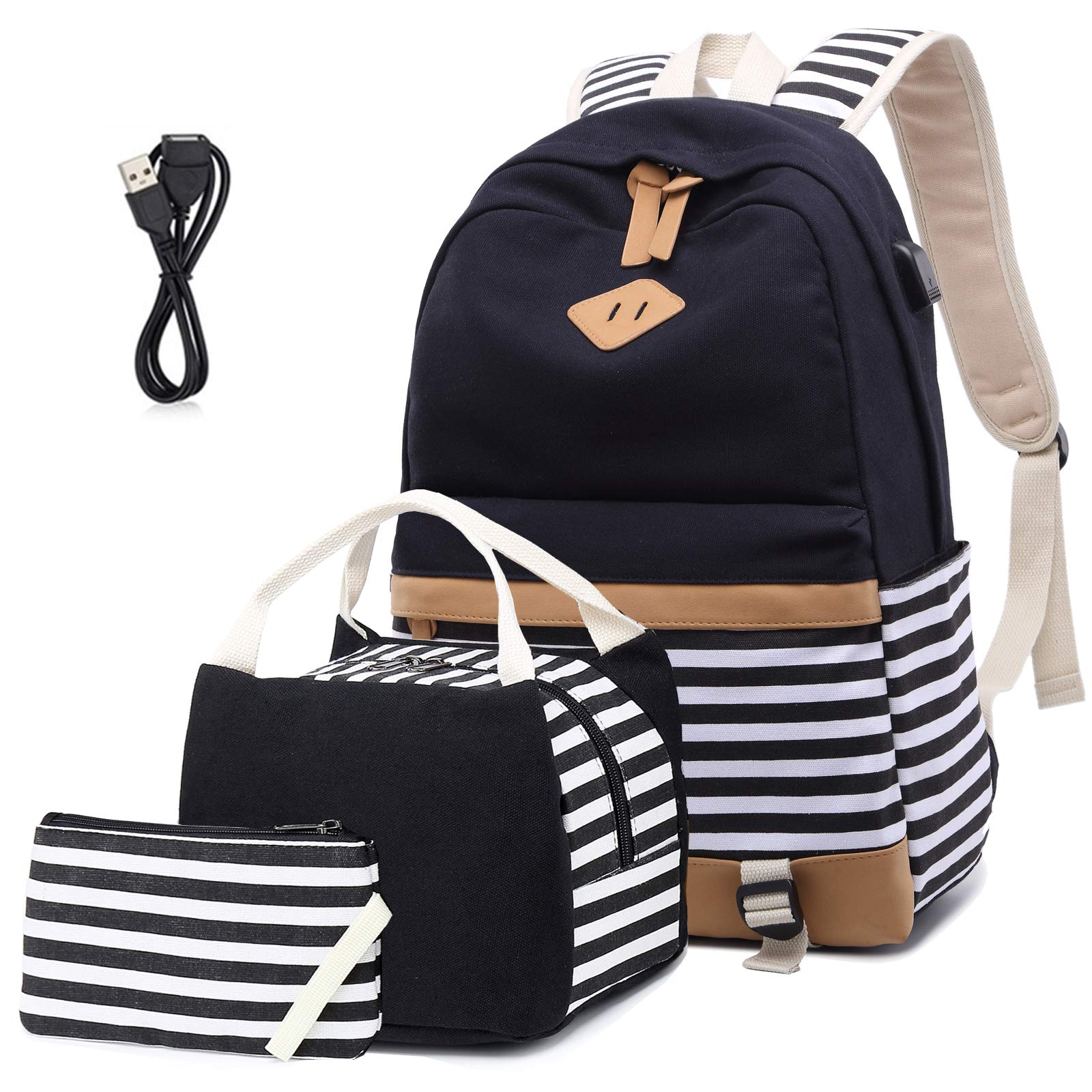 Meisohua Girls Canvas School Backpack Set Teen Girls Backpack with lunch bag College Laptop Backpack with USB (3 in 1 Black Set)