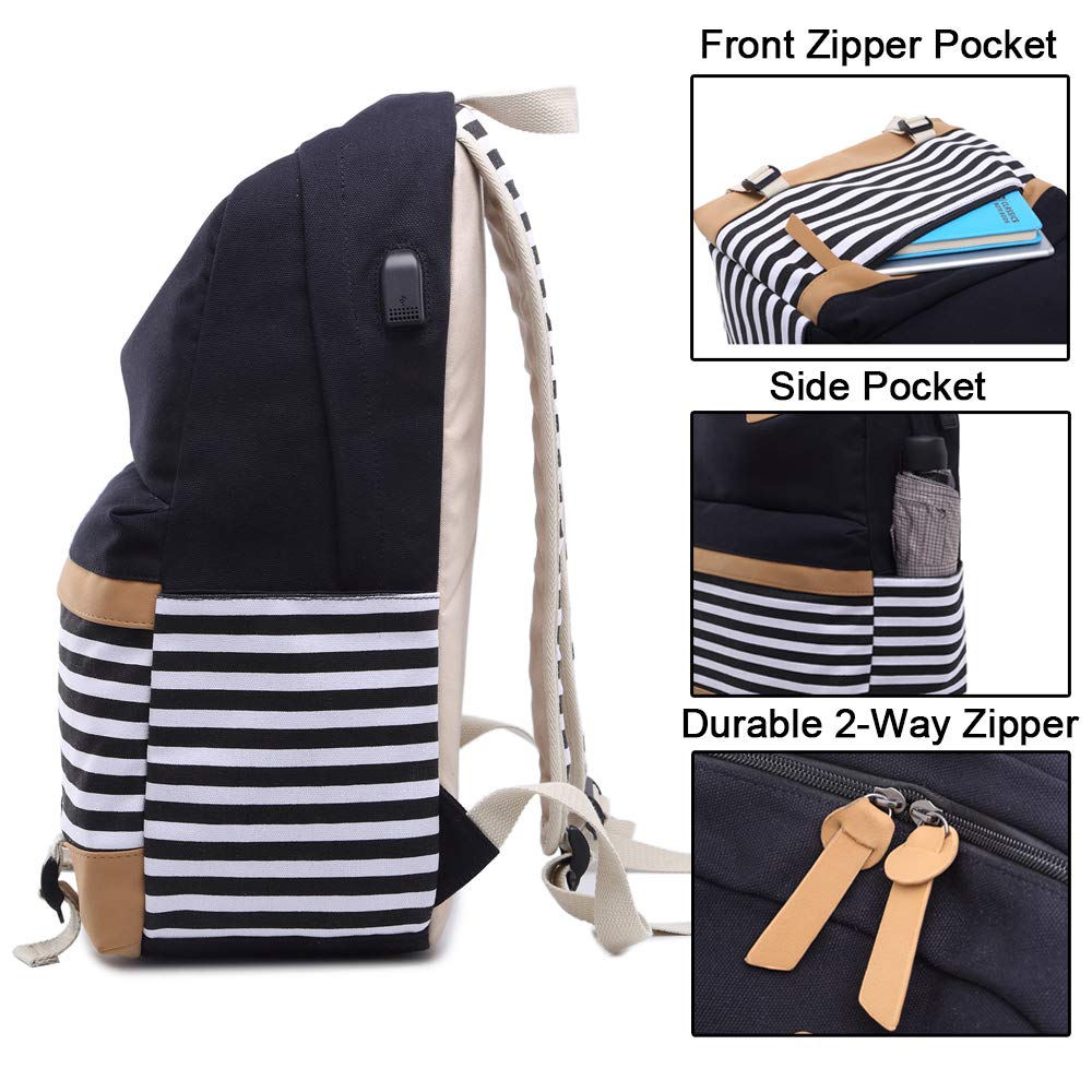 Meisohua Girls Canvas School Backpack Set Teen Girls Backpack with lunch bag College Laptop Backpack with USB (3 in 1 Black Set)