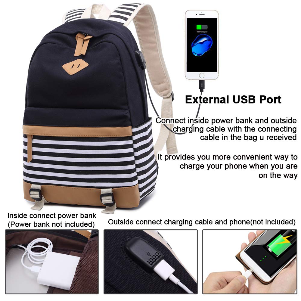 Meisohua Girls Canvas School Backpack Set Teen Girls Backpack with lunch bag College Laptop Backpack with USB (3 in 1 Black Set)