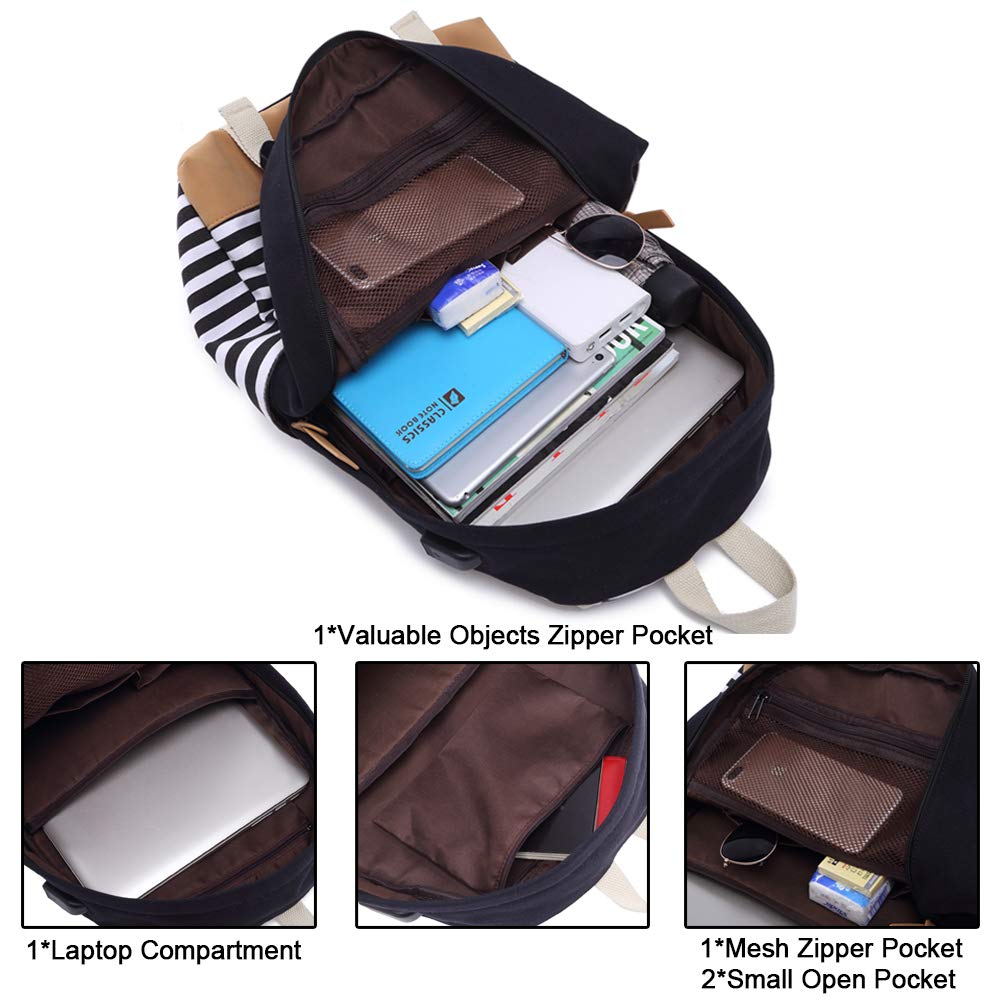 Meisohua Girls Canvas School Backpack Set Teen Girls Backpack with lunch bag College Laptop Backpack with USB (3 in 1 Black Set)