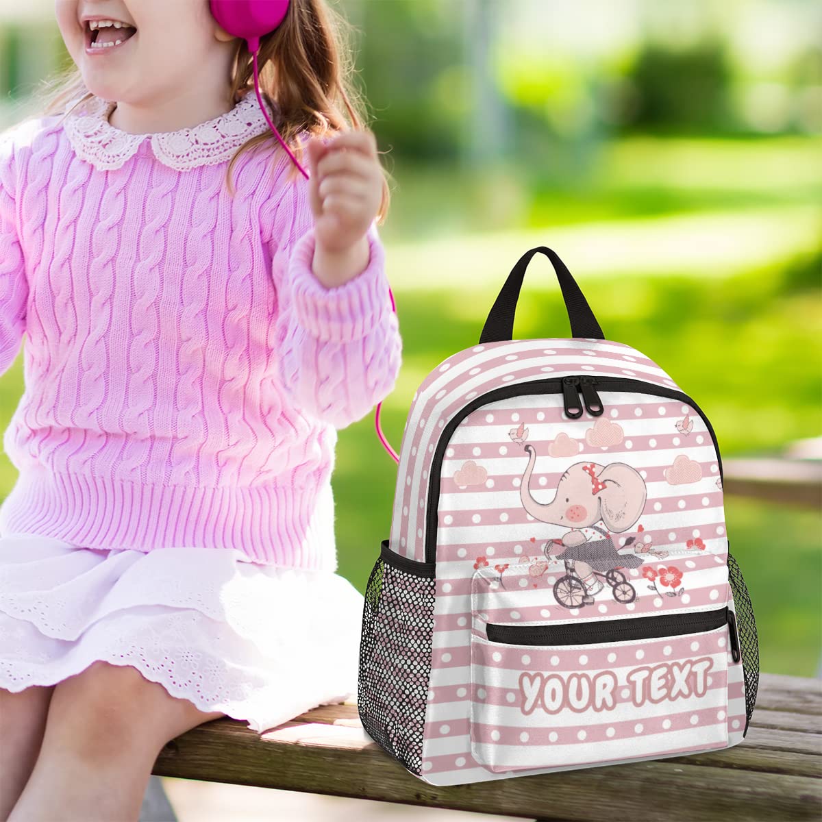 AUUXVA Cute Elephant Custom Kid's Name Toddler Backpack,Animal Pink Personalized Backpack with Name/Text for Kids Boys Girls 3-6 Years Preschool Kindergarten Daycare Bag with Chest Strap