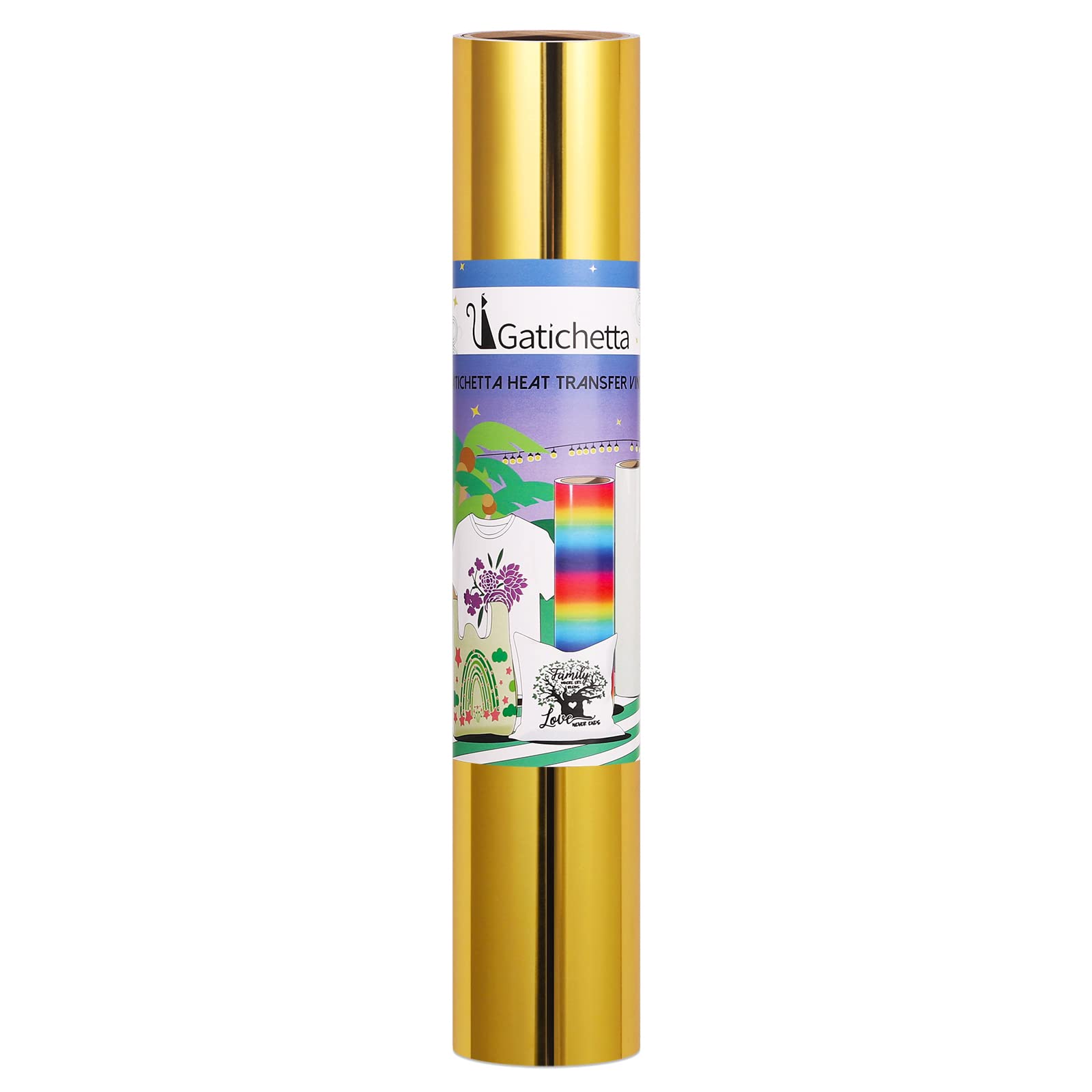 Gatichetta Heat Transfer Vinyl Roll, Metallic Foil Gold Iron On Vinyl 12" X 6ft Chrome HTV Vinyl for Garments