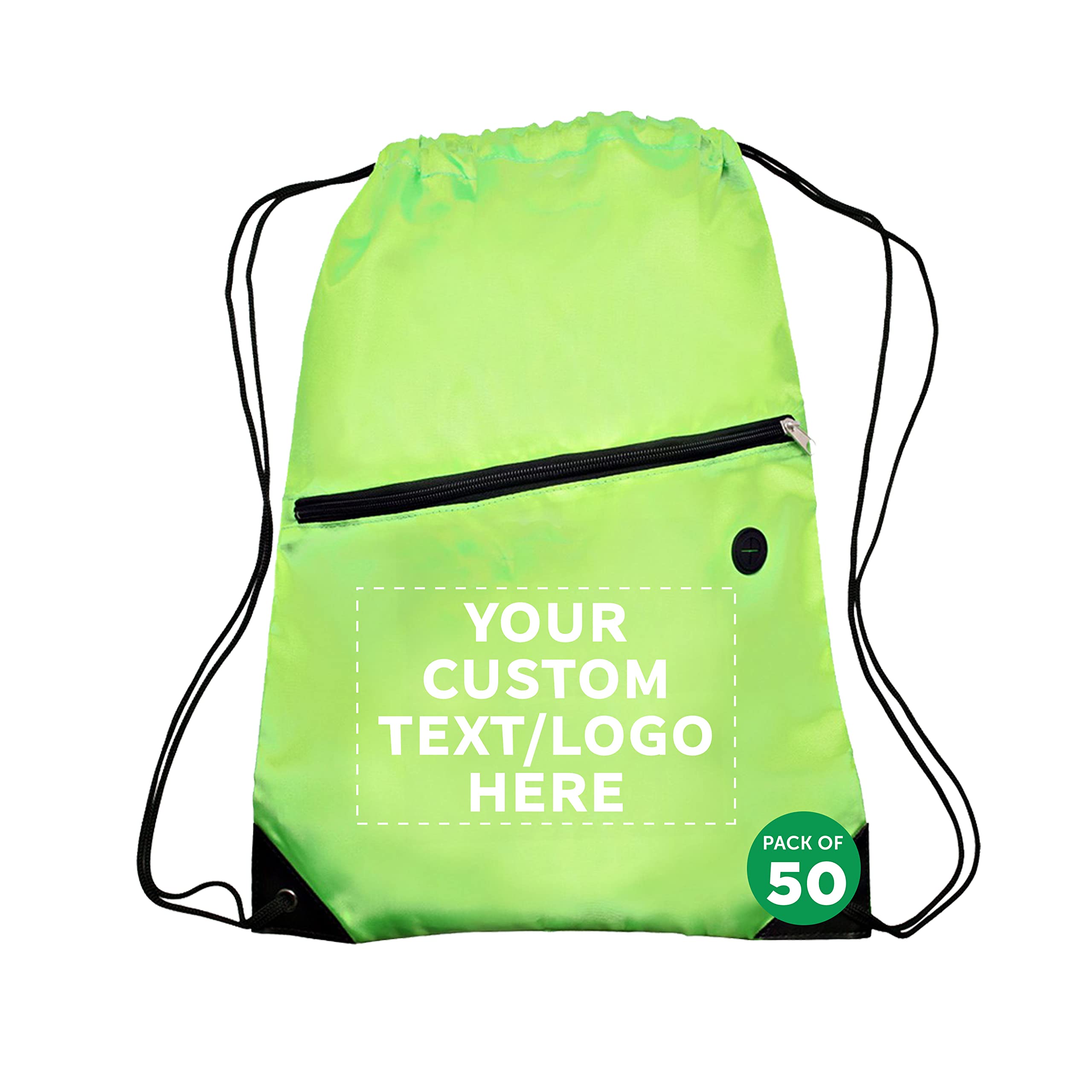Discount Promos Custom Drawstring BackPacks with Pocket Set of 50, Personalized Bulk Pack - Water Resistant, Perfect for Gym, Camping, Beach, Outdoor Sports - Lime Green