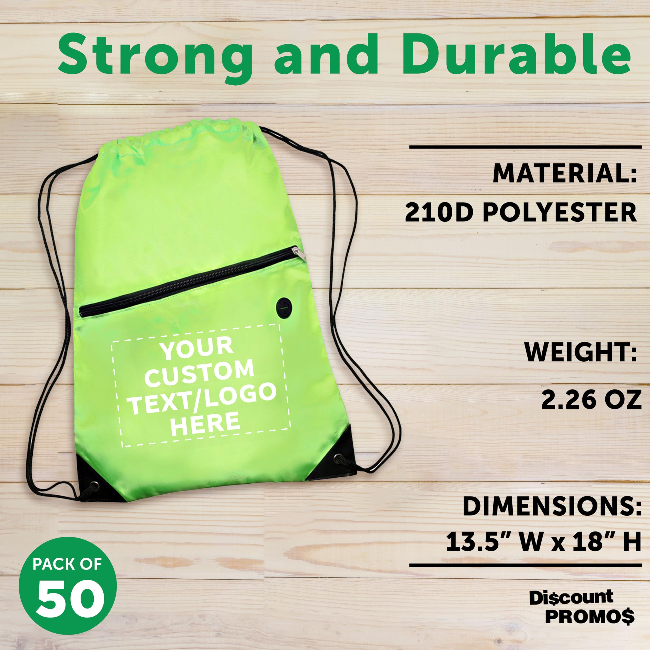 Discount Promos Custom Drawstring BackPacks with Pocket Set of 50, Personalized Bulk Pack - Water Resistant, Perfect for Gym, Camping, Beach, Outdoor Sports - Lime Green