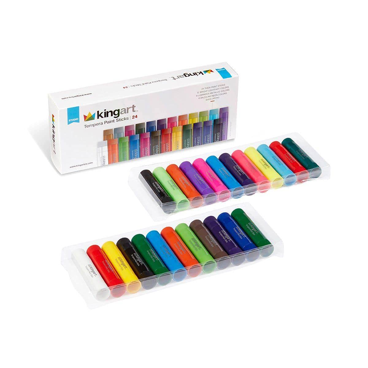KINGART Tempera Paint Sticks, 24 Vibrant Colors Solid Tempera Paint for Kids, Super Quick Drying, Works Great on Paper Wood Glass Ceramic Canvas