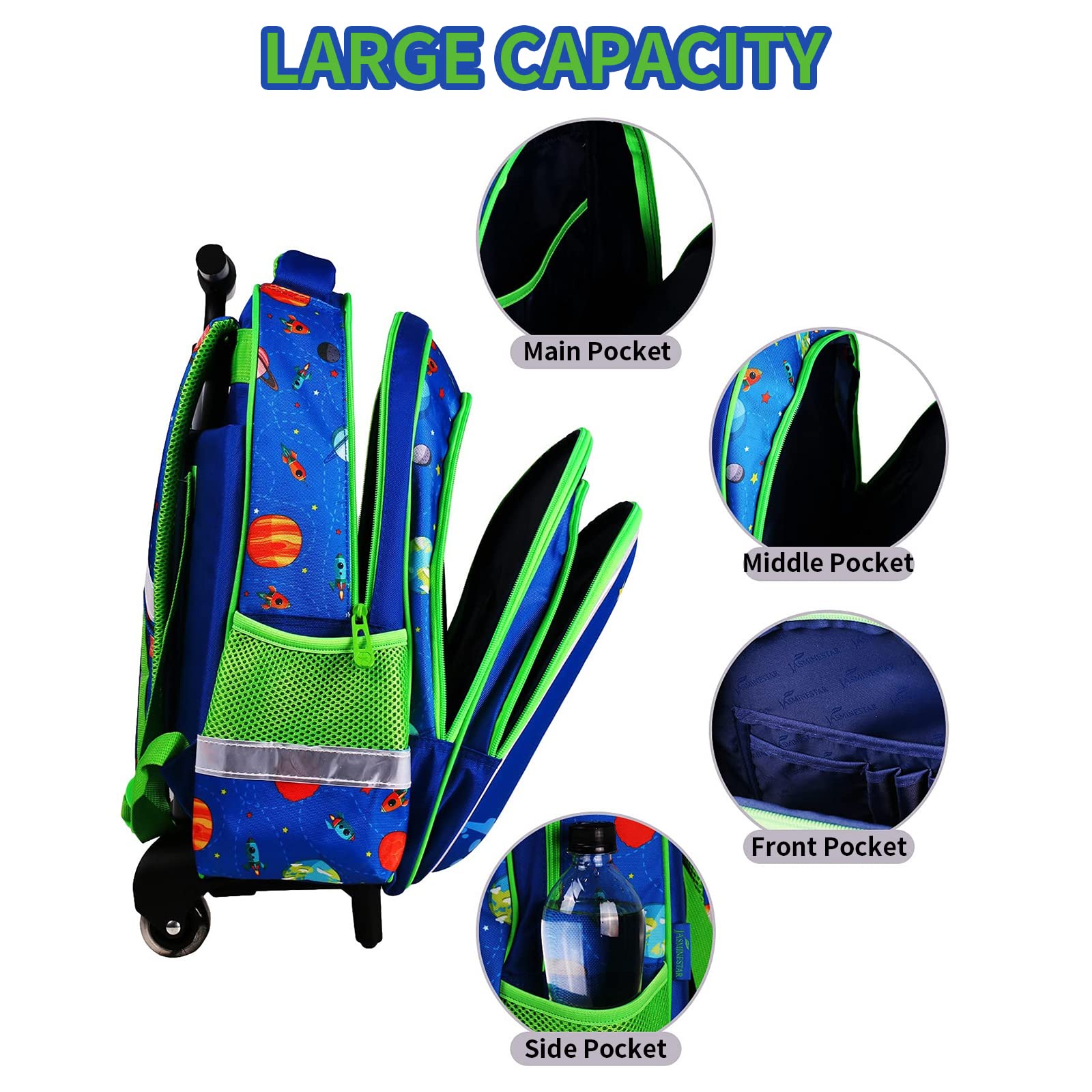 Rolling Backpacks for Girls, Boys Backpack Trolley Bag, Kids Wheeled Backpack with Lunch Bag Pencil Case Cartoon Printed Primary School Bag Set 16 inch Pupils Satchel Rolling Backpack for Children Students