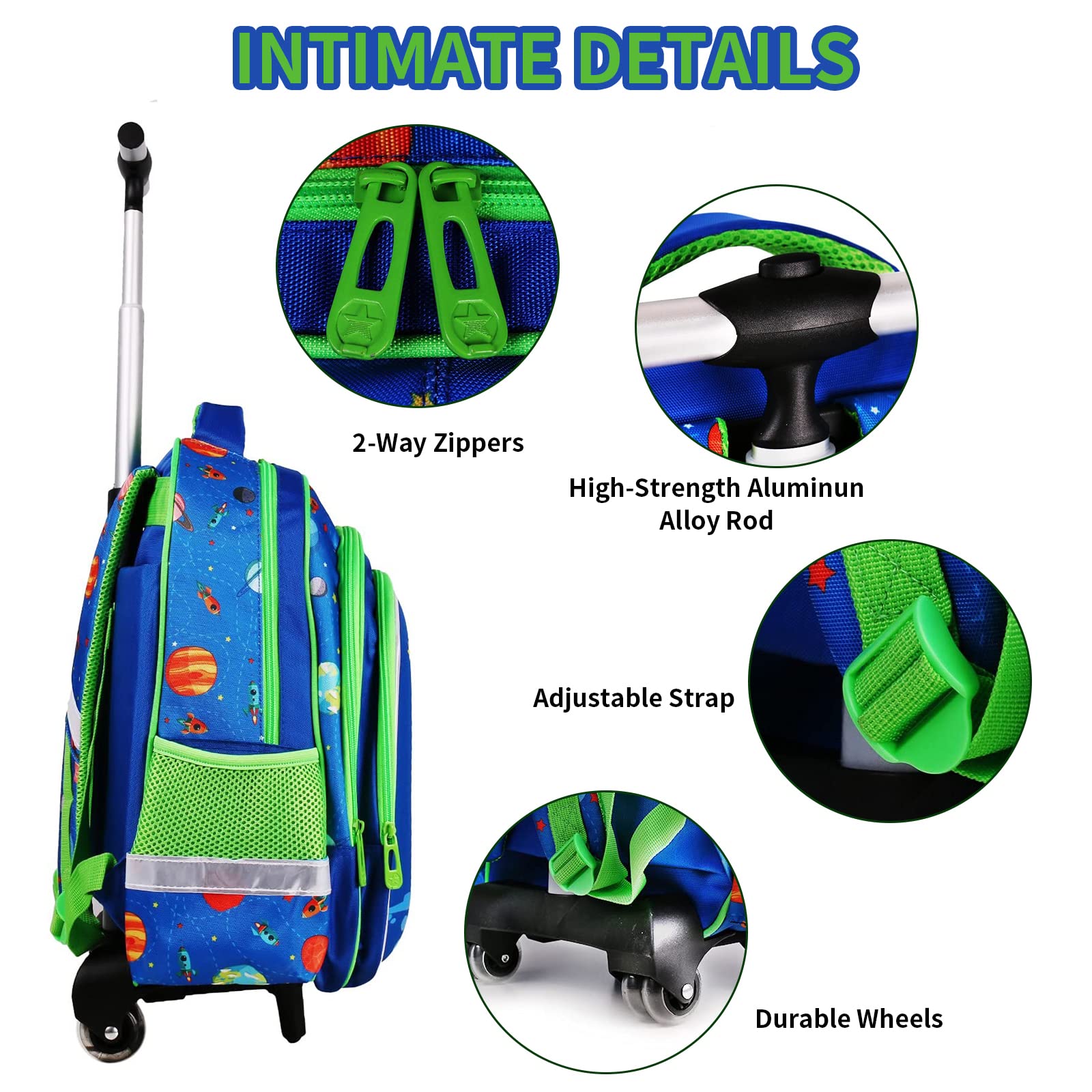 Rolling Backpacks for Girls, Boys Backpack Trolley Bag, Kids Wheeled Backpack with Lunch Bag Pencil Case Cartoon Printed Primary School Bag Set 16 inch Pupils Satchel Rolling Backpack for Children Students