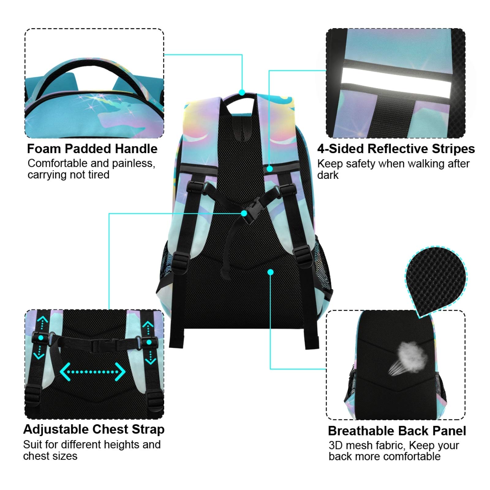 Rainbow Unicorn Backpack for Girls Galaxy School Bookbag with Adjustable Chest Strap for Girls Elementary Kids Waterproof Casual Bag Lightweight 16.7 Inch