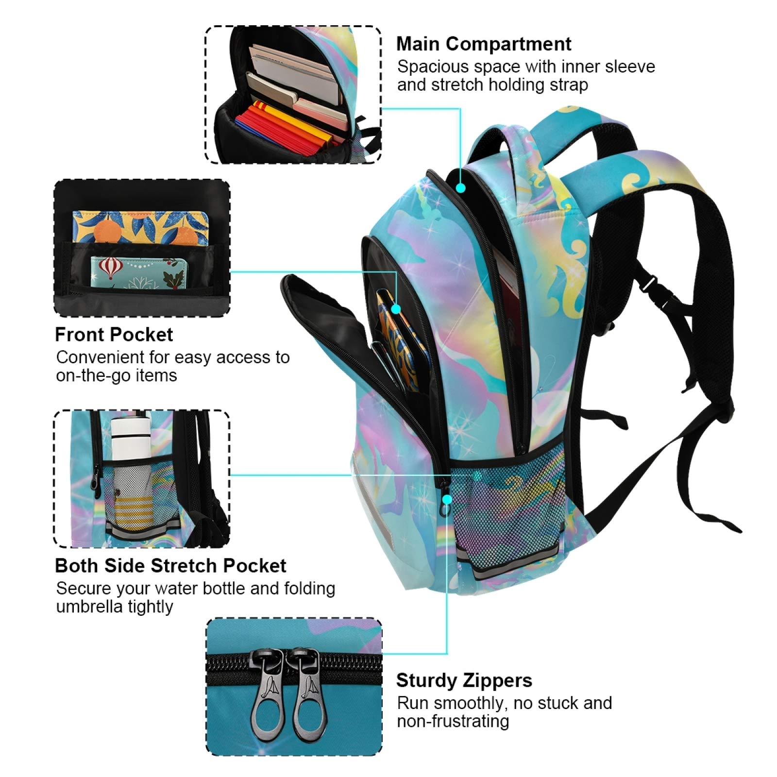 Rainbow Unicorn Backpack for Girls Galaxy School Bookbag with Adjustable Chest Strap for Girls Elementary Kids Waterproof Casual Bag Lightweight 16.7 Inch