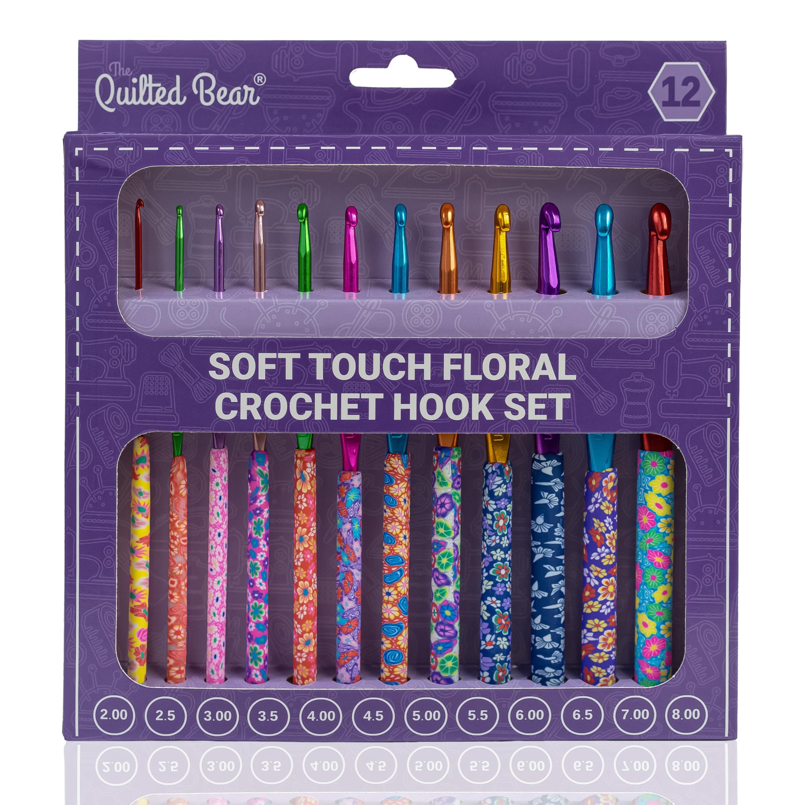 The Quilted Bear Crochet Hook Set - Premium Soft Grip Floral Crochet Hooks with Polymer Clay Handle 12 Hook Kit (2mm, 2.5mm, 3mm, 3.5mm, 4mm, 4.5mm, 5mm, 5.5mm, 6mm, 6.5mm, 7mm & 8mm)