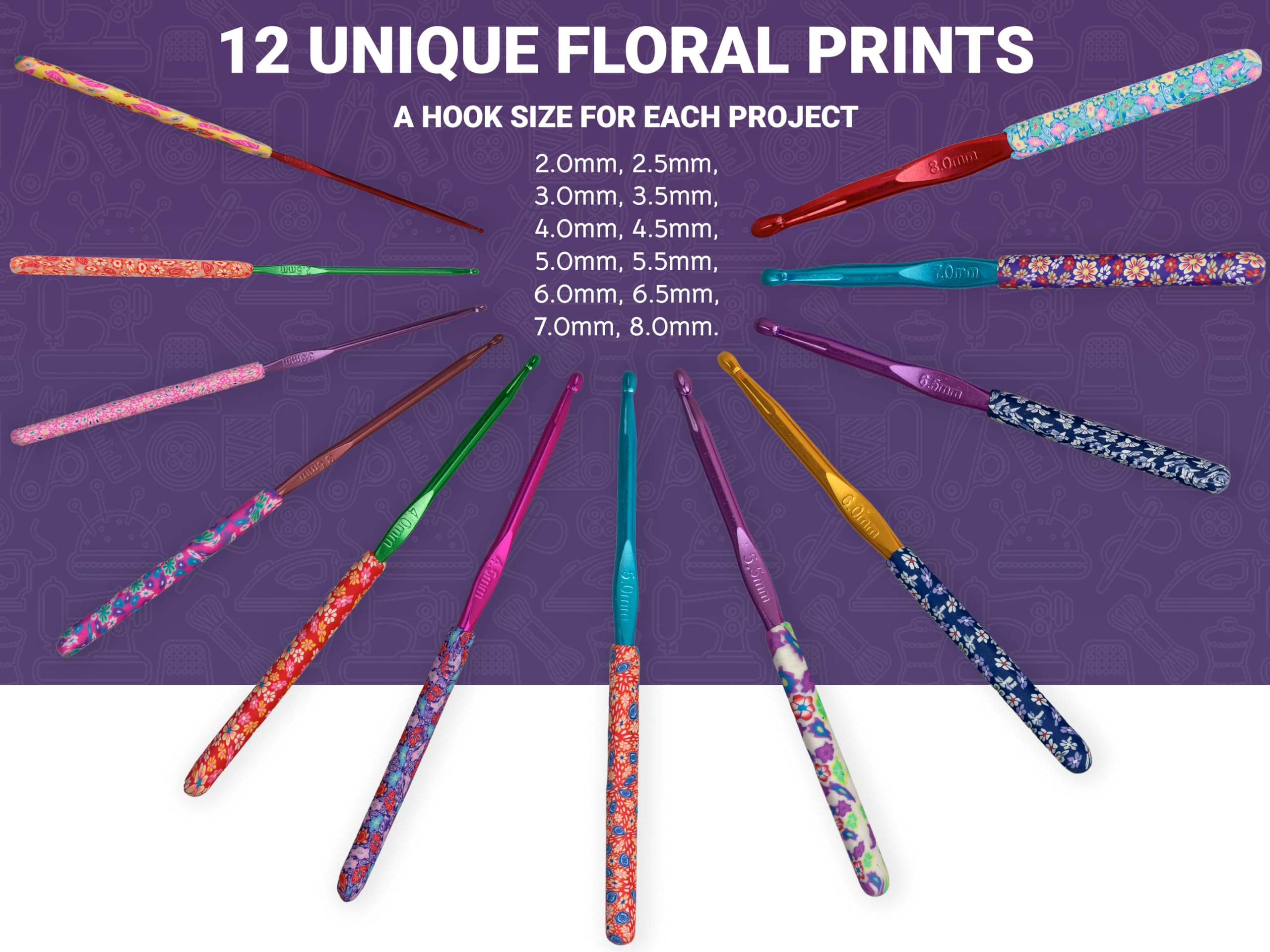 The Quilted Bear Crochet Hook Set - Premium Soft Grip Floral Crochet Hooks with Polymer Clay Handle 12 Hook Kit (2mm, 2.5mm, 3mm, 3.5mm, 4mm, 4.5mm, 5mm, 5.5mm, 6mm, 6.5mm, 7mm & 8mm)