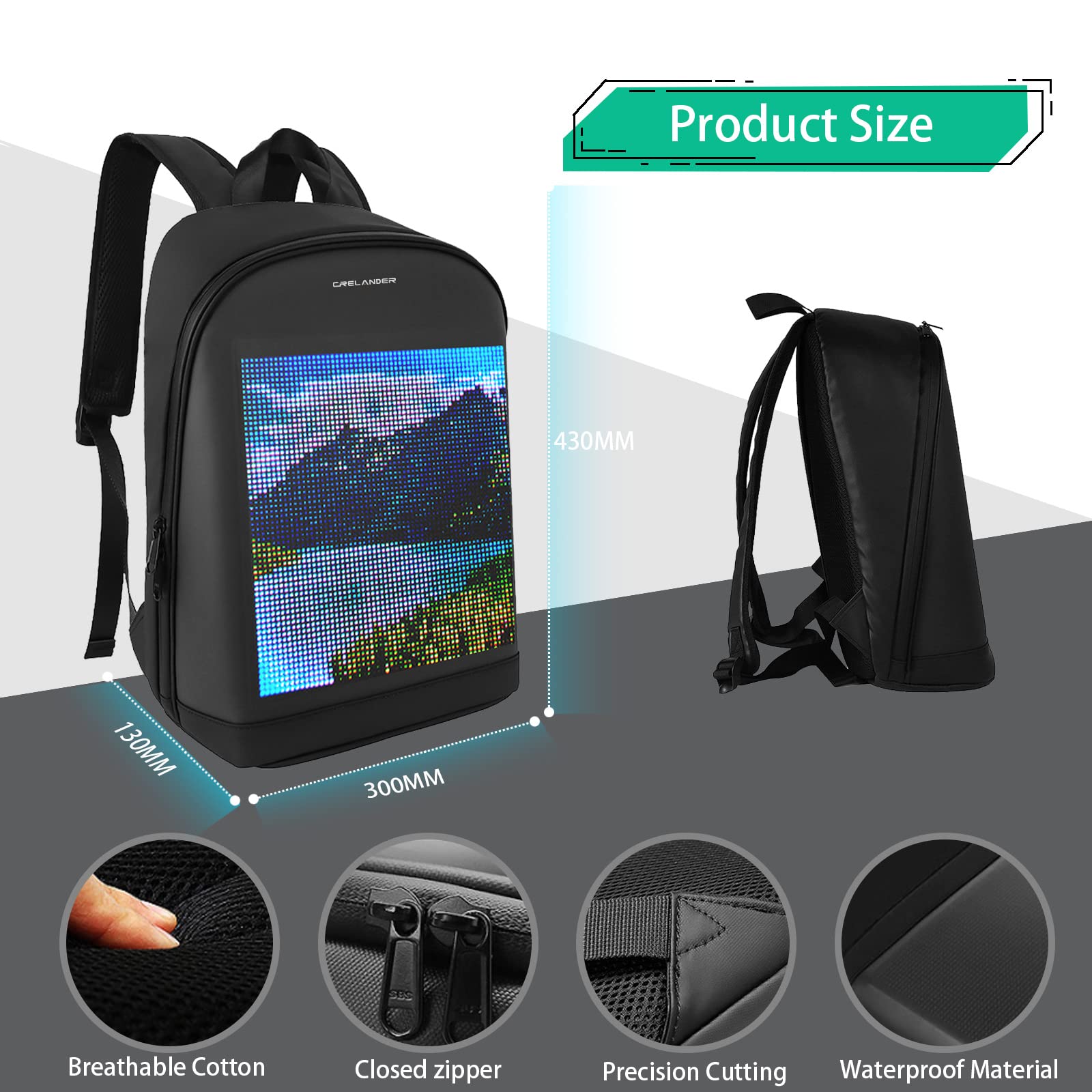 Crelander Laptop Backpack, Waterproof Backpack Smart LED Dynamic Backpack Luggage Bag Cycling Travel Daypack WIFI Bluetooth Connection Rucksack Personalized Gifts for Men Women (Black)