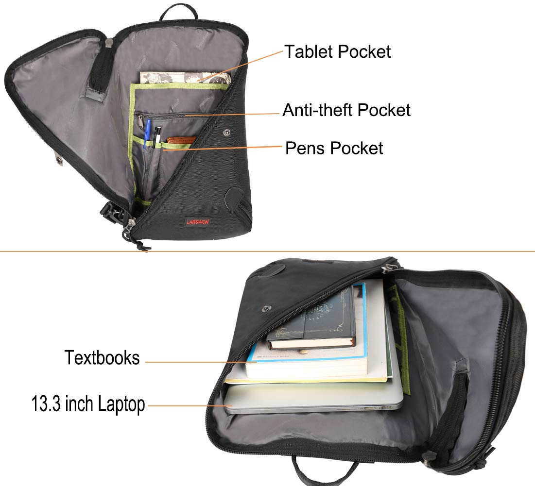 Larswon Sling Bag, Lightweight Large Chest Bag Laptop Backpack Shoulder Bag for Men Women Black