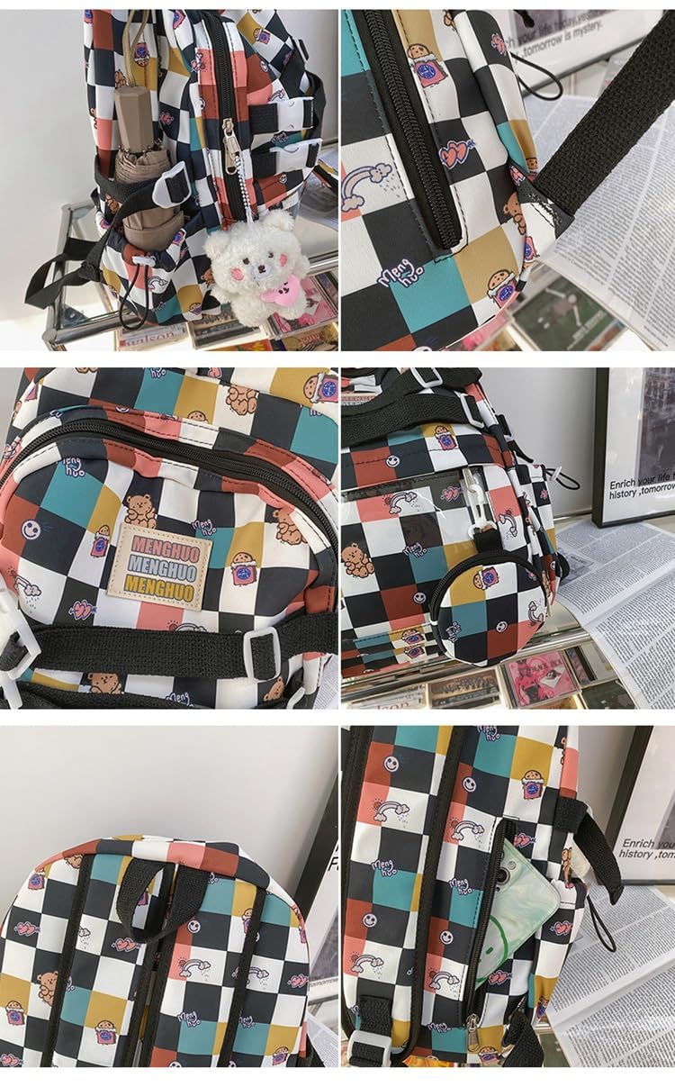 Lokkcy Cute Kawaii Backpack for Teen Girls with Doll,Fashion Plaid Backpack for School checkerboard backpack. (Khaki)