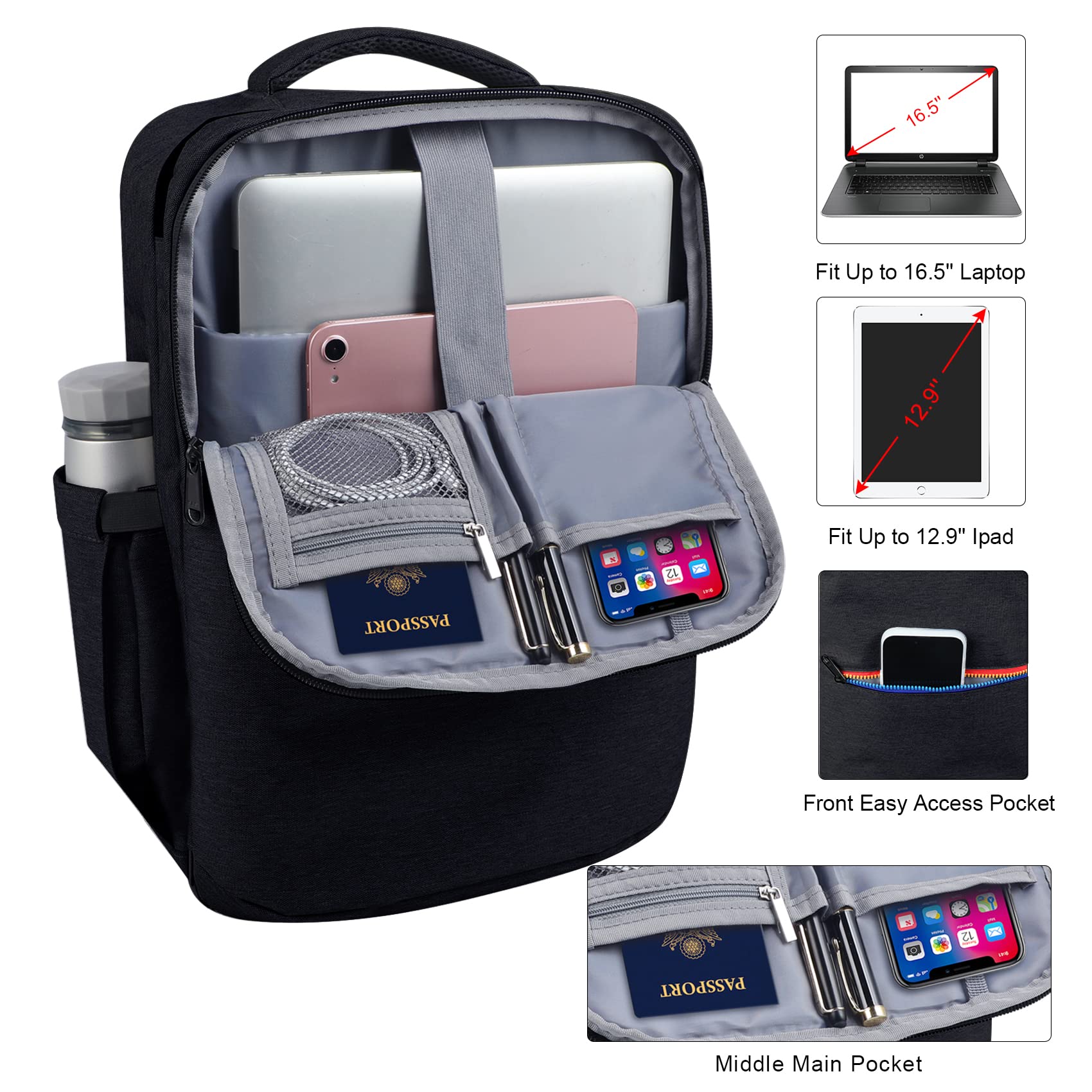 Maymooner Travel Backpack for Men Women Flight Approved Carry on Backpack Gym Overnight Luggage Laptop Daypack Waterproof Black