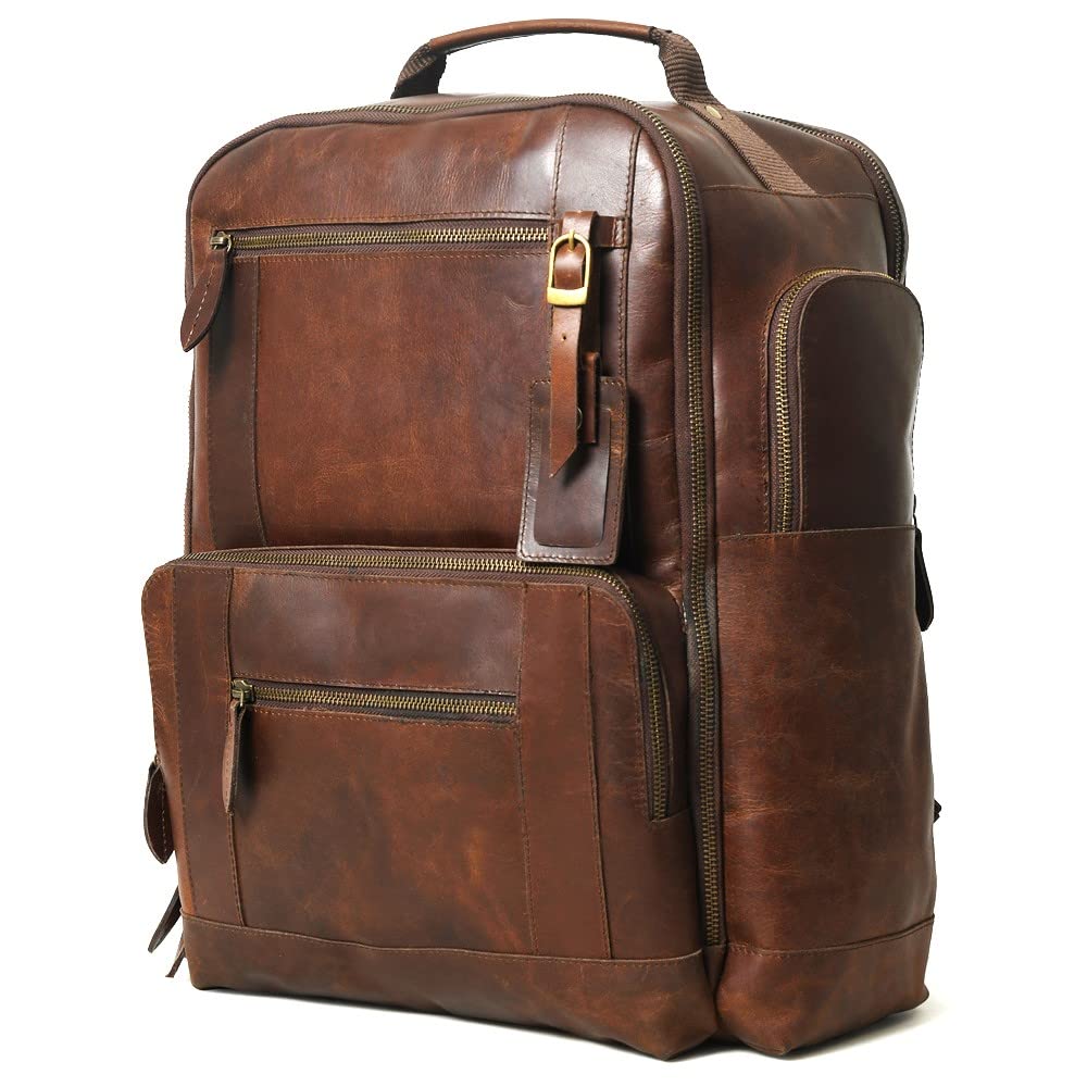 Gratlin Buffalo Leather Backpack for Men 16 Inches | Vintage Leather Backpack Multi Pockets Business Travel Daypack | Full Grain Brown Leather Shoulder Rucksack Knapsack Best for Office