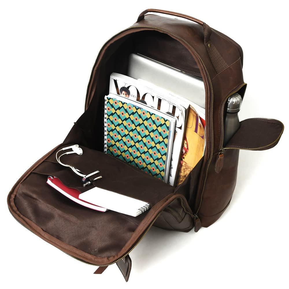 Gratlin Buffalo Leather Backpack for Men 16 Inches | Vintage Leather Backpack Multi Pockets Business Travel Daypack | Full Grain Brown Leather Shoulder Rucksack Knapsack Best for Office