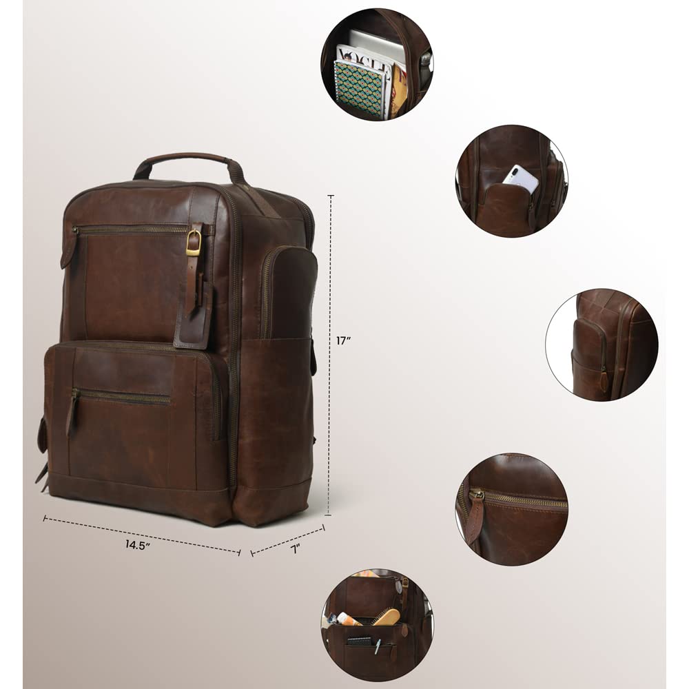 Gratlin Buffalo Leather Backpack for Men 16 Inches | Vintage Leather Backpack Multi Pockets Business Travel Daypack | Full Grain Brown Leather Shoulder Rucksack Knapsack Best for Office
