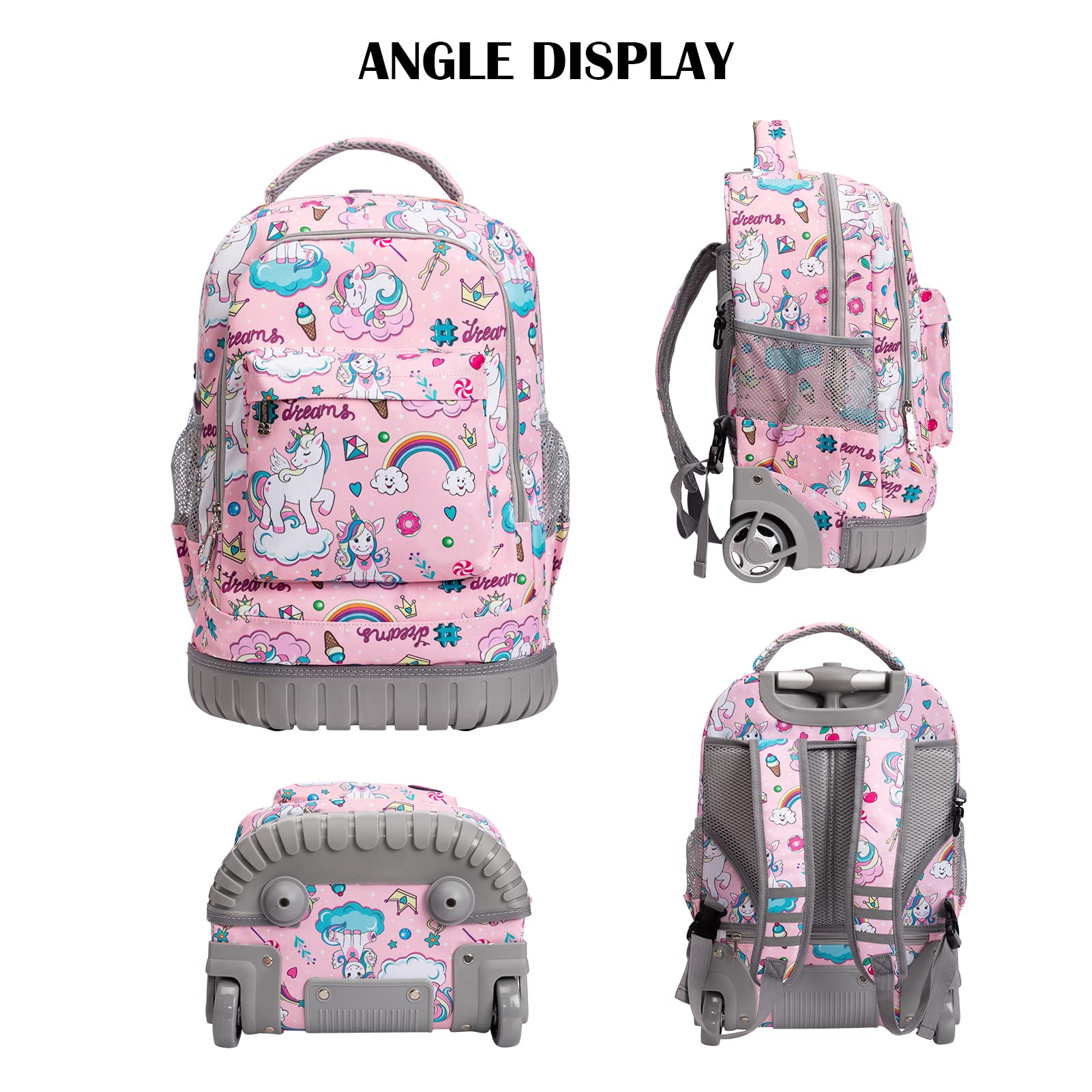 BAMIFEI 18 inches Wheeled Rolling Backpack Multi-Compartment College Books Laptop Bag Business Trip Carry-on, Unicorn