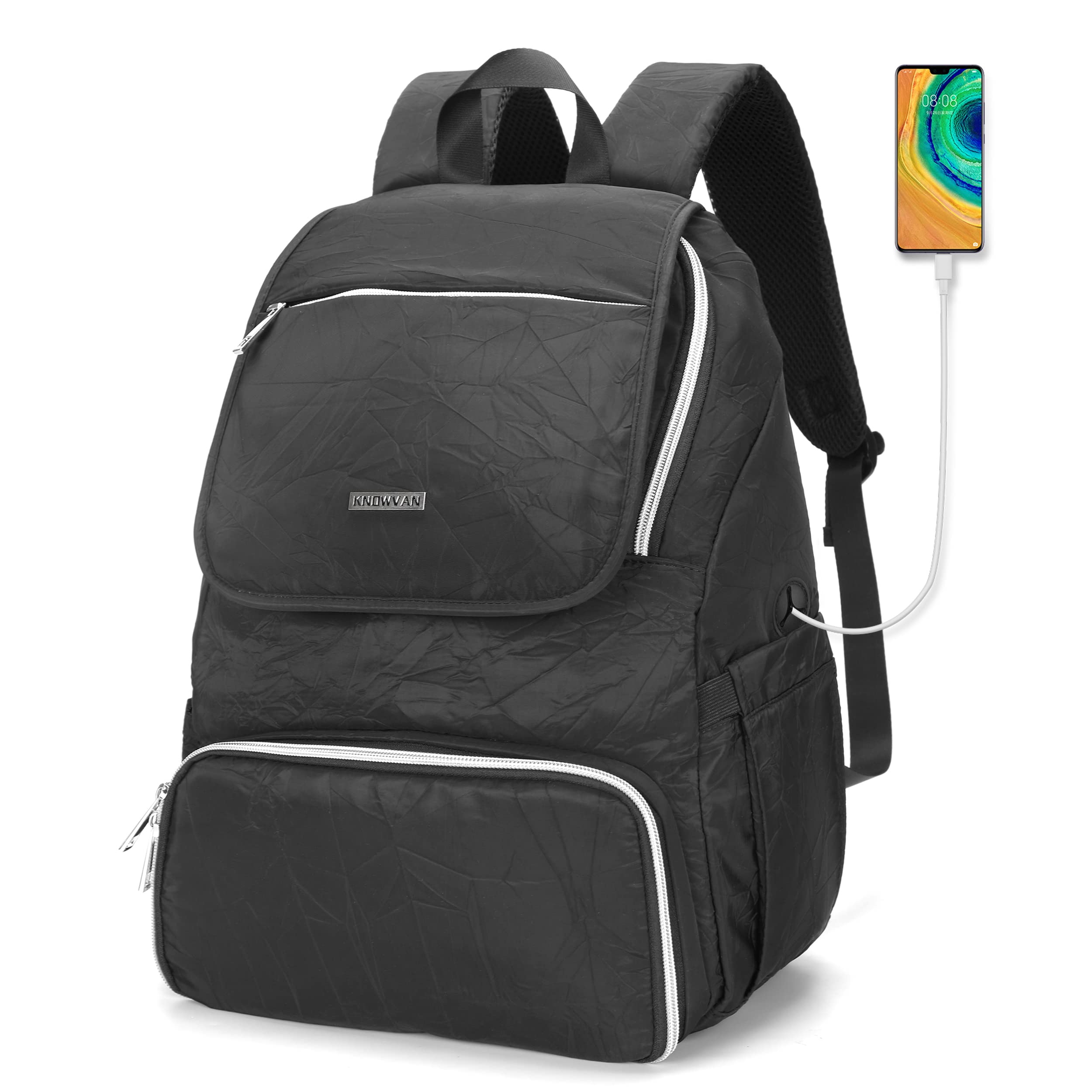 KNOWVAN Lunch Backpack for Women,2-in-1 backpack with lunch compartment ,Large Capacity Lightweight Waterproof & Leakproof Teacher Nurse Work Backpacks with USB Port,Black