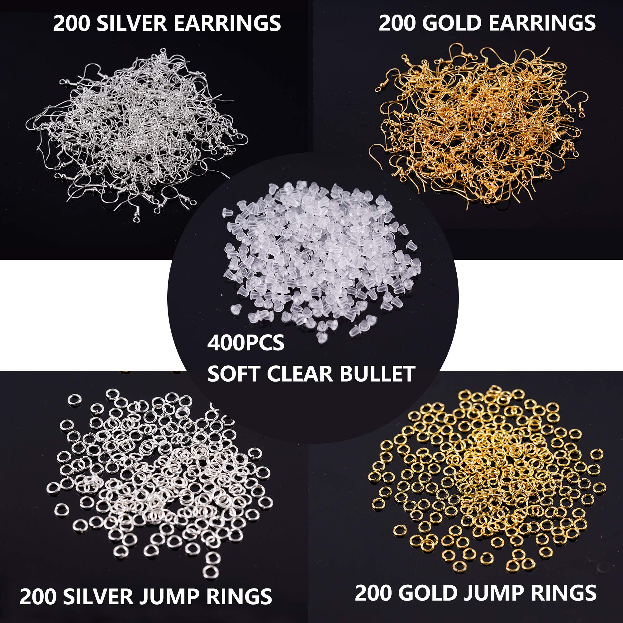 1200PCS 925 Sterling Silver Ear Wire Earrings Making Supplies Kit, Silver Hypoallergenic Earring Fish Hooks, Jump Rings Clear Silicone Earring Backs for DIY Jewelry Making (Silver and Gold)