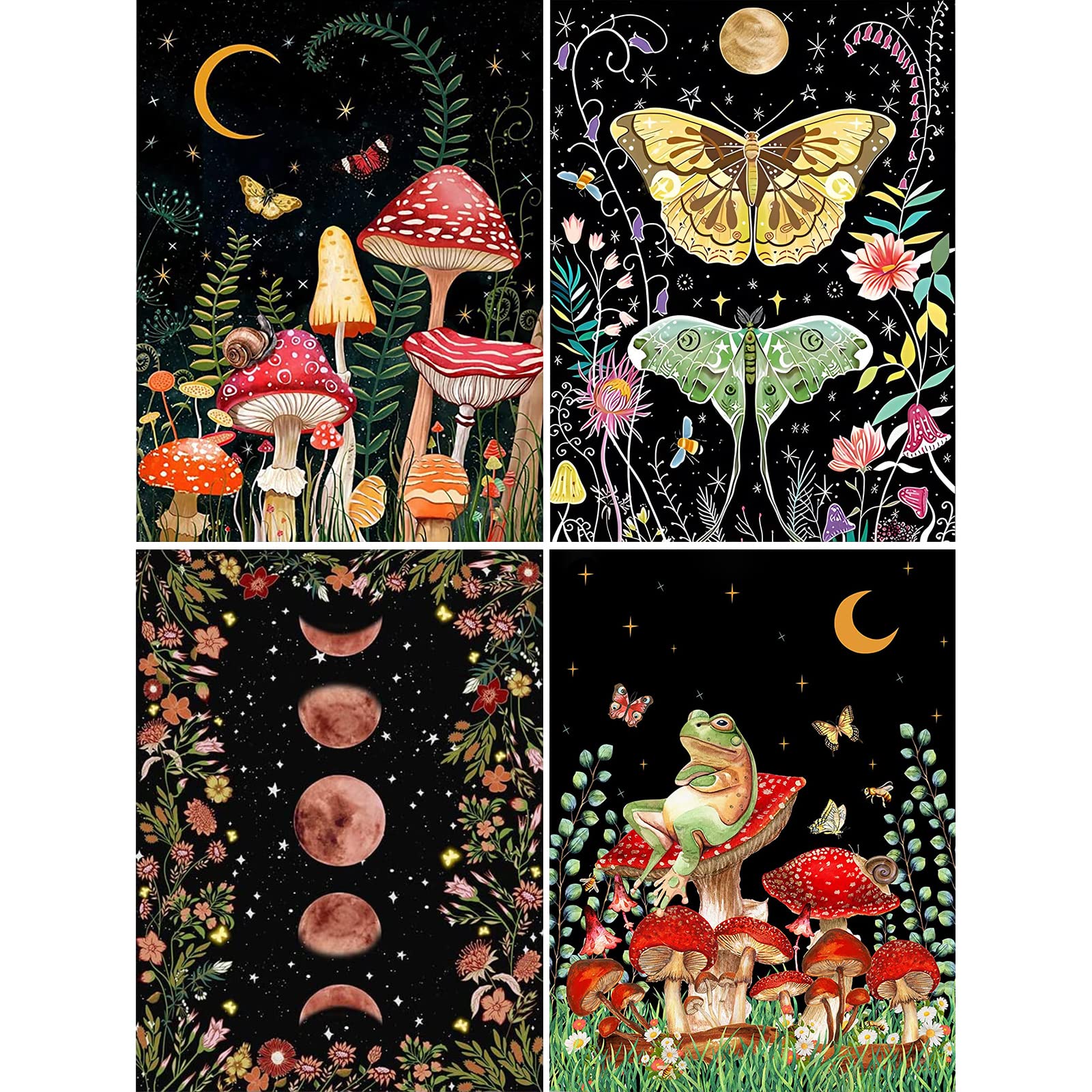 VeGuude Paint by Numbers for Adults and Kids Beginner, 4 Pack Painting by Number Kits On Canvas, Without Frame DIY Moon Mushroom Oil Painting Acrylic Paints, Home Wall Decor Gift 12x16inch