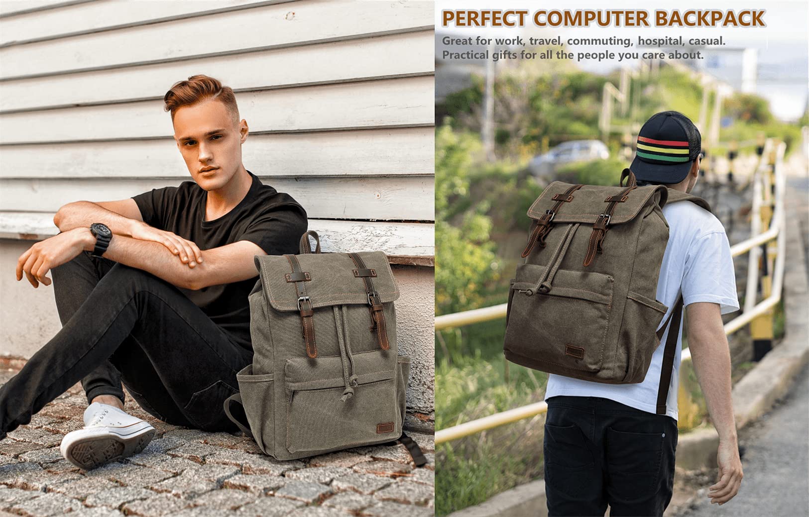 JIELV Canvas Vintage Backpack,Mens Travel Rucksack,Casual Daypack Bookbag for Laptop School College Hiking(Army Green)