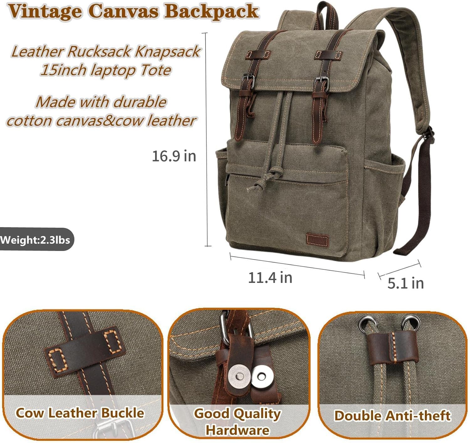 JIELV Canvas Vintage Backpack,Mens Travel Rucksack,Casual Daypack Bookbag for Laptop School College Hiking(Army Green)