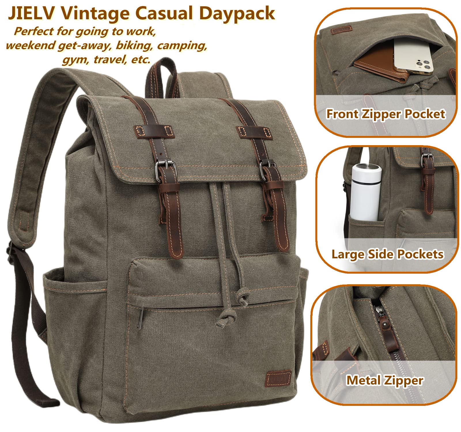 JIELV Canvas Vintage Backpack,Mens Travel Rucksack,Casual Daypack Bookbag for Laptop School College Hiking(Army Green)