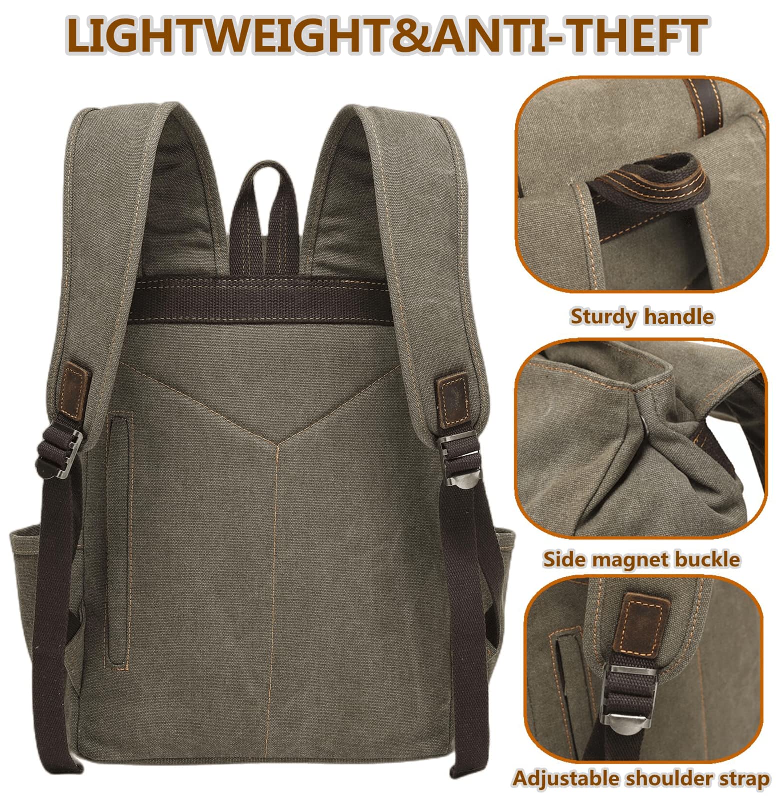 JIELV Canvas Vintage Backpack,Mens Travel Rucksack,Casual Daypack Bookbag for Laptop School College Hiking(Army Green)