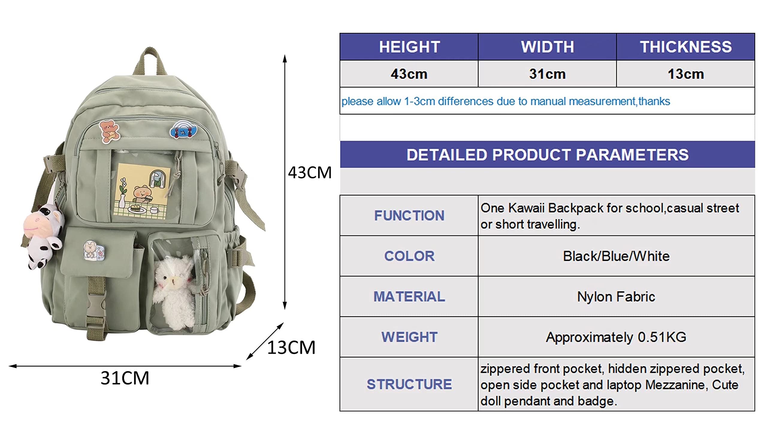 Kawaii Backpack With cute plush pendant and Kawaii pins,Aesthetic Backpack Cute Kawaii Backpack for School