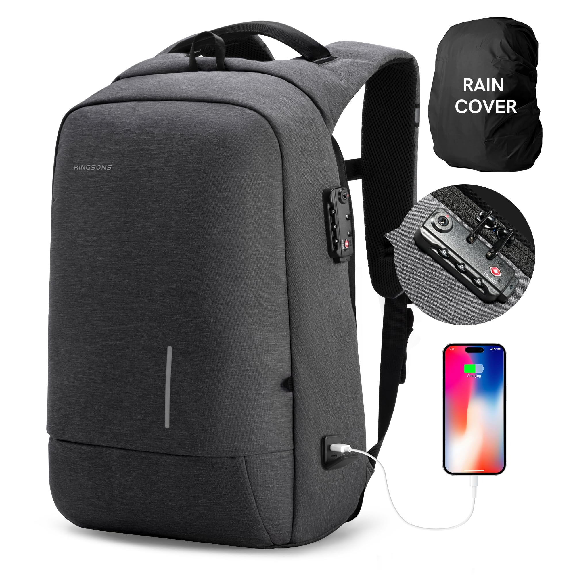 Kingsons Laptop Backpack, Slim Business Travel Computer Bag with USB Charging Port Anti-Theft Water Resistant for 15.6 Inch Laptop Rucksack for men
