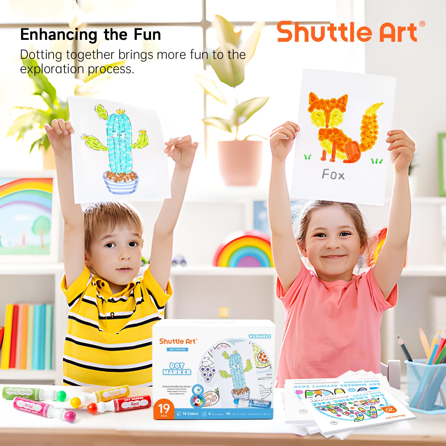 Shuttle Art Dot Markers, 14 Colors Bingo Daubers with 135 Patterns, 5 Activity Books, Educational Set With Art Activities,Non-Toxic Washable Coloring Markers