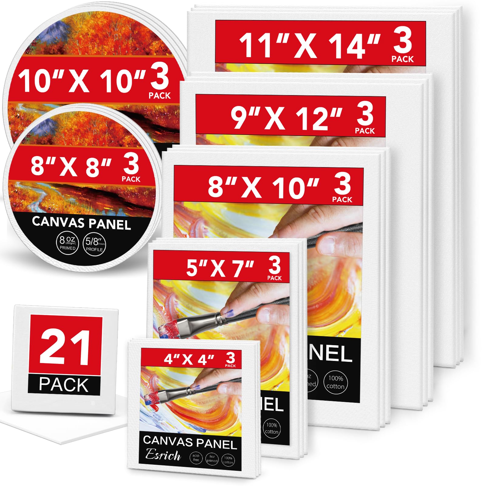 ESRICH Canvases for Painting Blank Cotton Canvas Boards 21Pack with 7 Size 4*4", 5*7", 8*10", 9*12", 11*14",Round Canvas with 8*8", 10*10", 3 of Each, Painting Canvas for Oil & Acrylic Paint