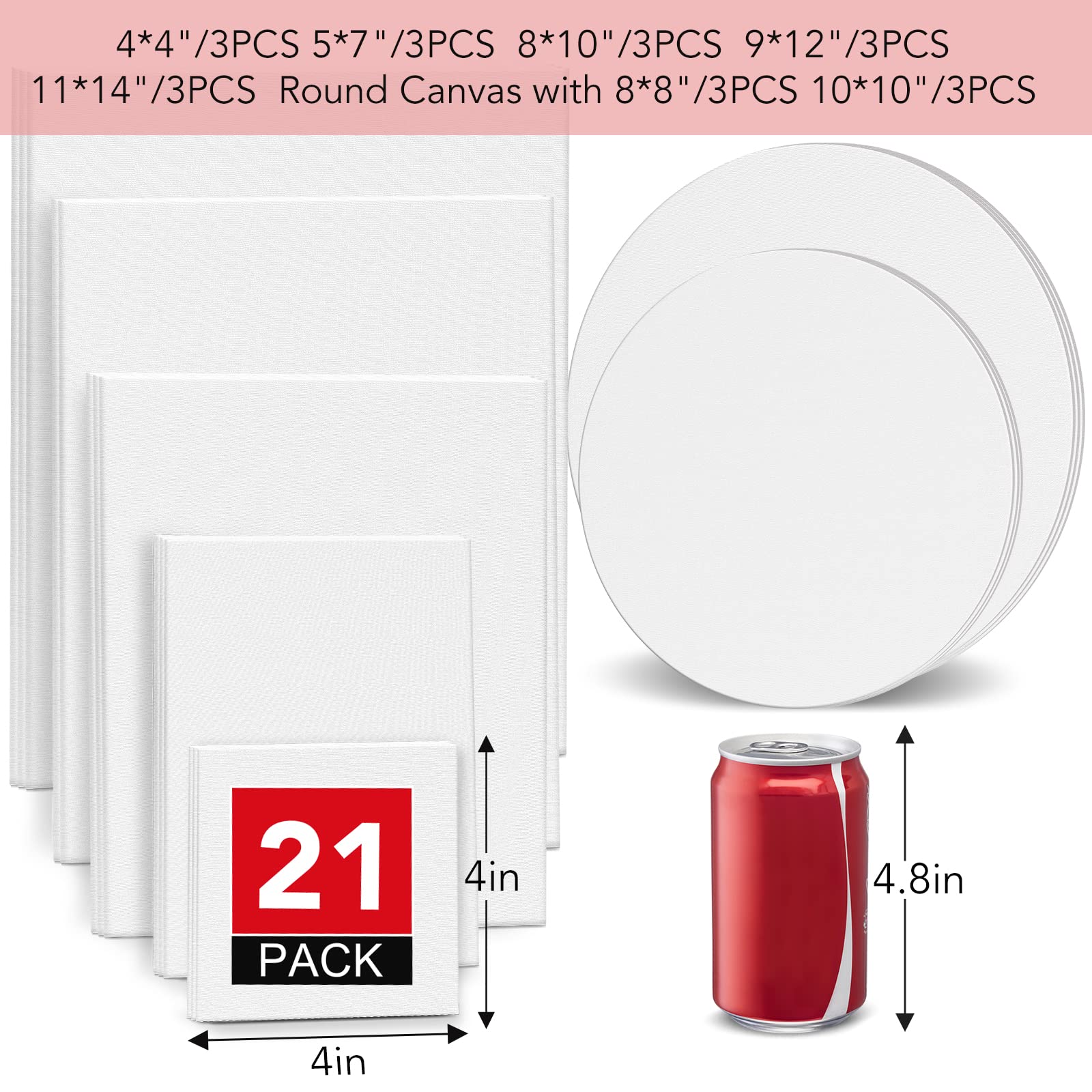 ESRICH Canvases for Painting Blank Cotton Canvas Boards 21Pack with 7 Size 4*4", 5*7", 8*10", 9*12", 11*14",Round Canvas with 8*8", 10*10", 3 of Each, Painting Canvas for Oil & Acrylic Paint