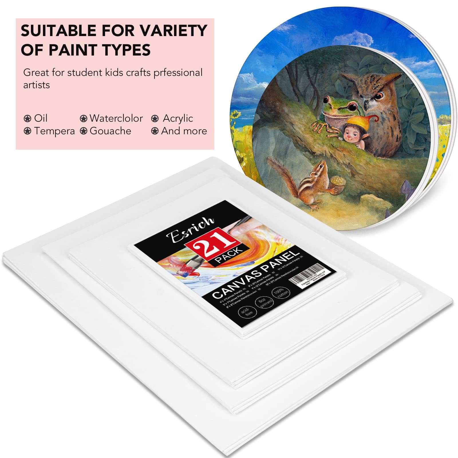 ESRICH Canvases for Painting Blank Cotton Canvas Boards 21Pack with 7 Size 4*4", 5*7", 8*10", 9*12", 11*14",Round Canvas with 8*8", 10*10", 3 of Each, Painting Canvas for Oil & Acrylic Paint