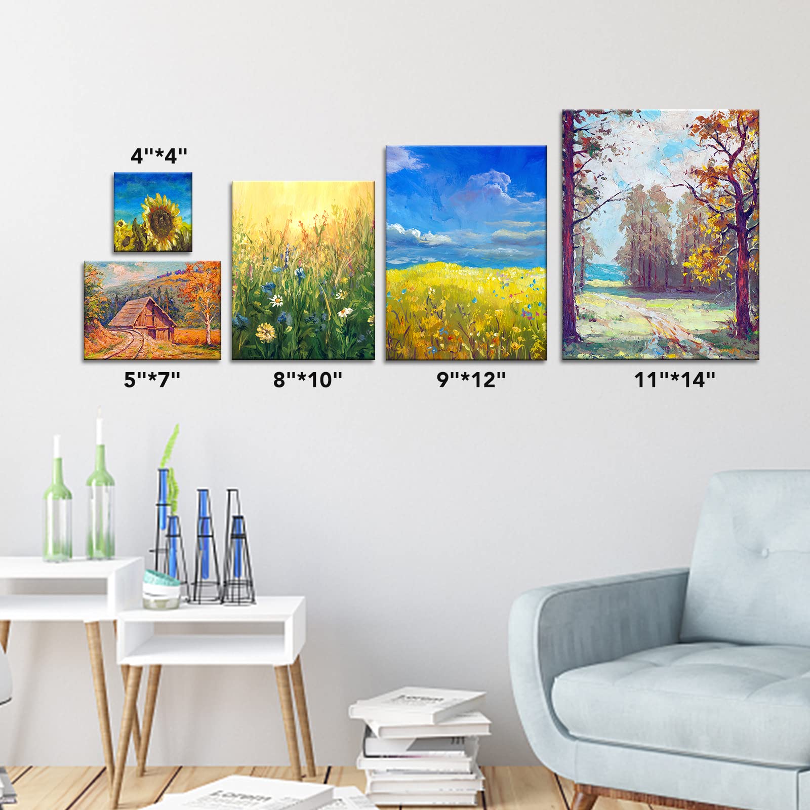 ESRICH Canvases for Painting Blank Cotton Canvas Boards 21Pack with 7 Size 4*4", 5*7", 8*10", 9*12", 11*14",Round Canvas with 8*8", 10*10", 3 of Each, Painting Canvas for Oil & Acrylic Paint