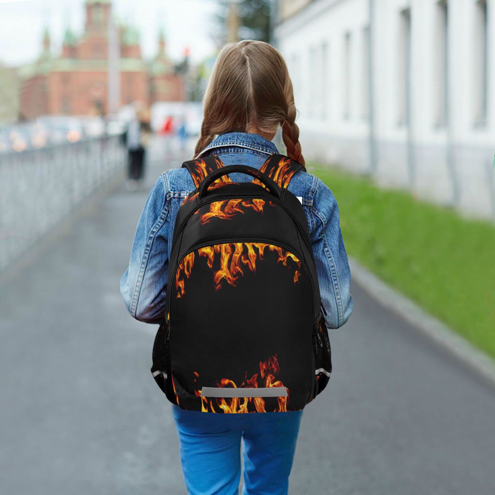 Fire Flames School Backpacks with Chest Strap for Teens Boys Girls,Lightweight Student Bookbags 17 Inch, Creative Unique Casual Daypack Schoolbags
