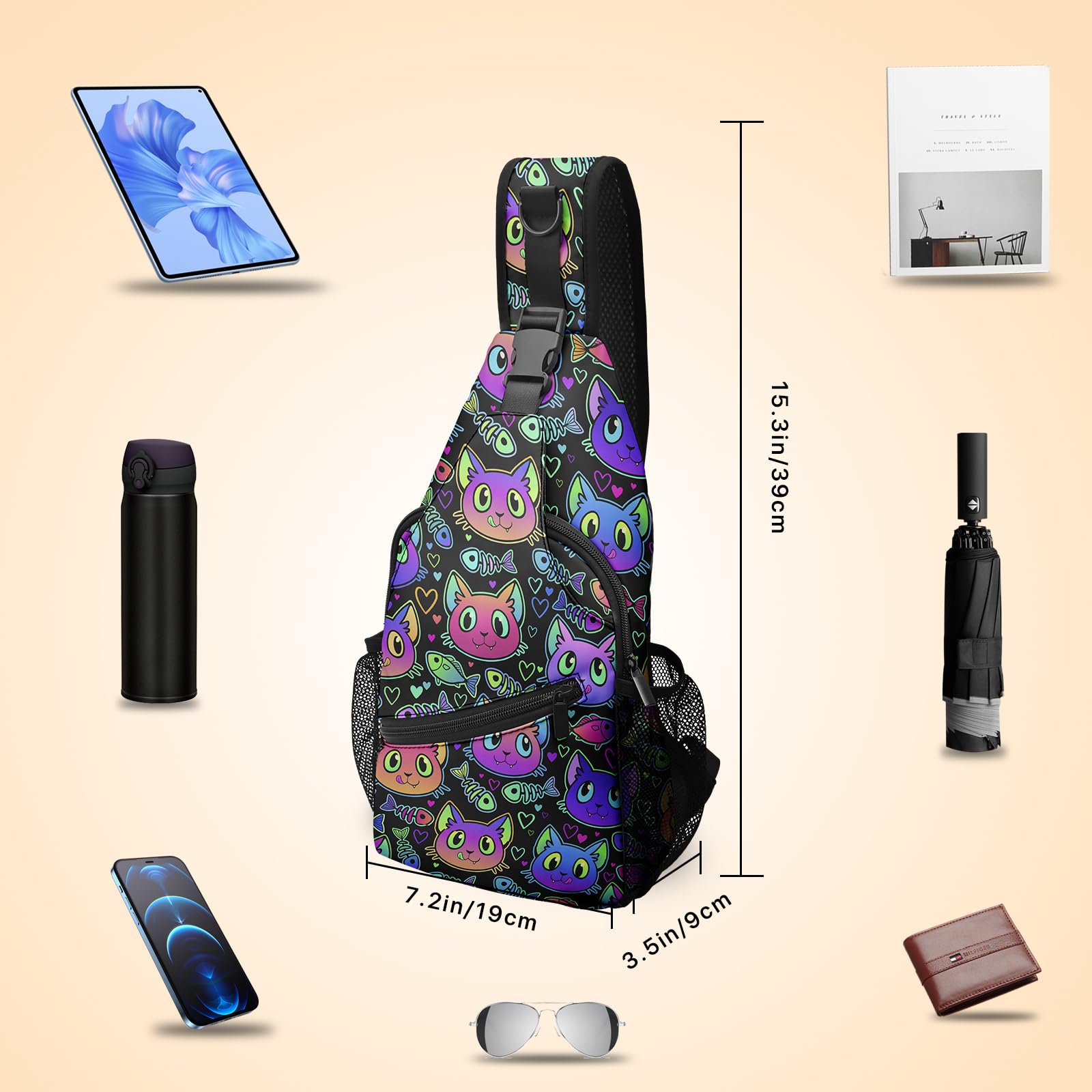 Cat Sling Bag Travel Crossbody Backpack Shoulder Pack Chest Hiking Daypack for Women Men with Strap Adjustable Lightweight Outdoor Walking Running Climbing