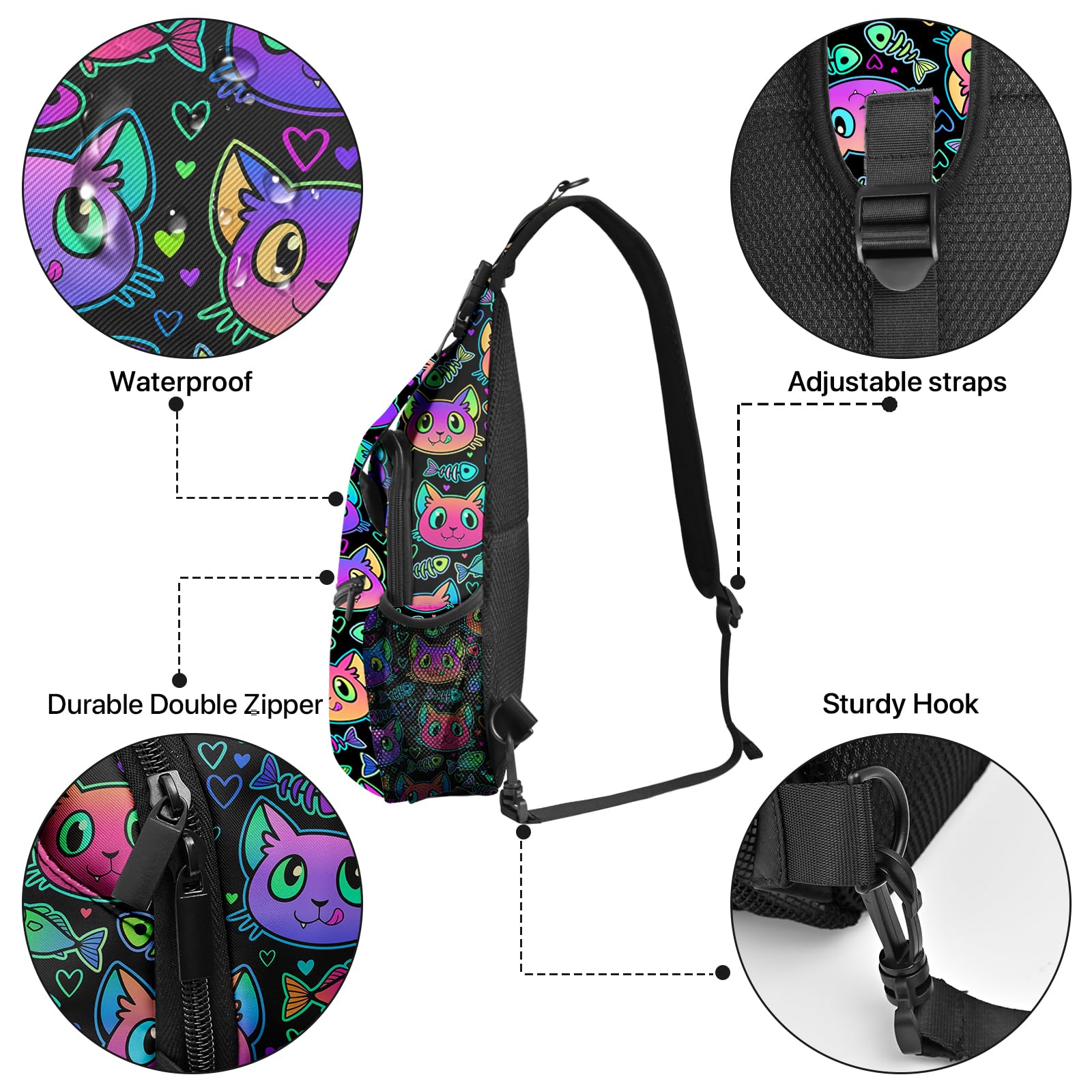 Cat Sling Bag Travel Crossbody Backpack Shoulder Pack Chest Hiking Daypack for Women Men with Strap Adjustable Lightweight Outdoor Walking Running Climbing