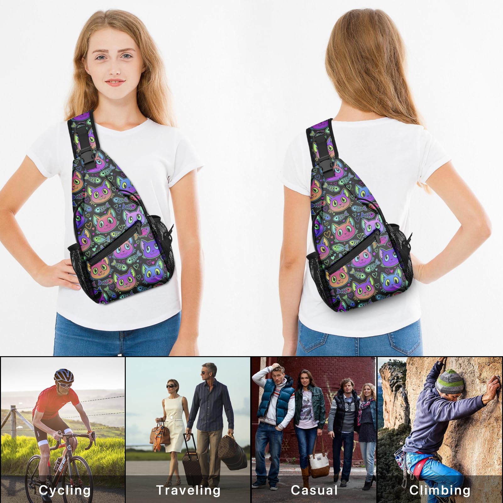 Cat Sling Bag Travel Crossbody Backpack Shoulder Pack Chest Hiking Daypack for Women Men with Strap Adjustable Lightweight Outdoor Walking Running Climbing