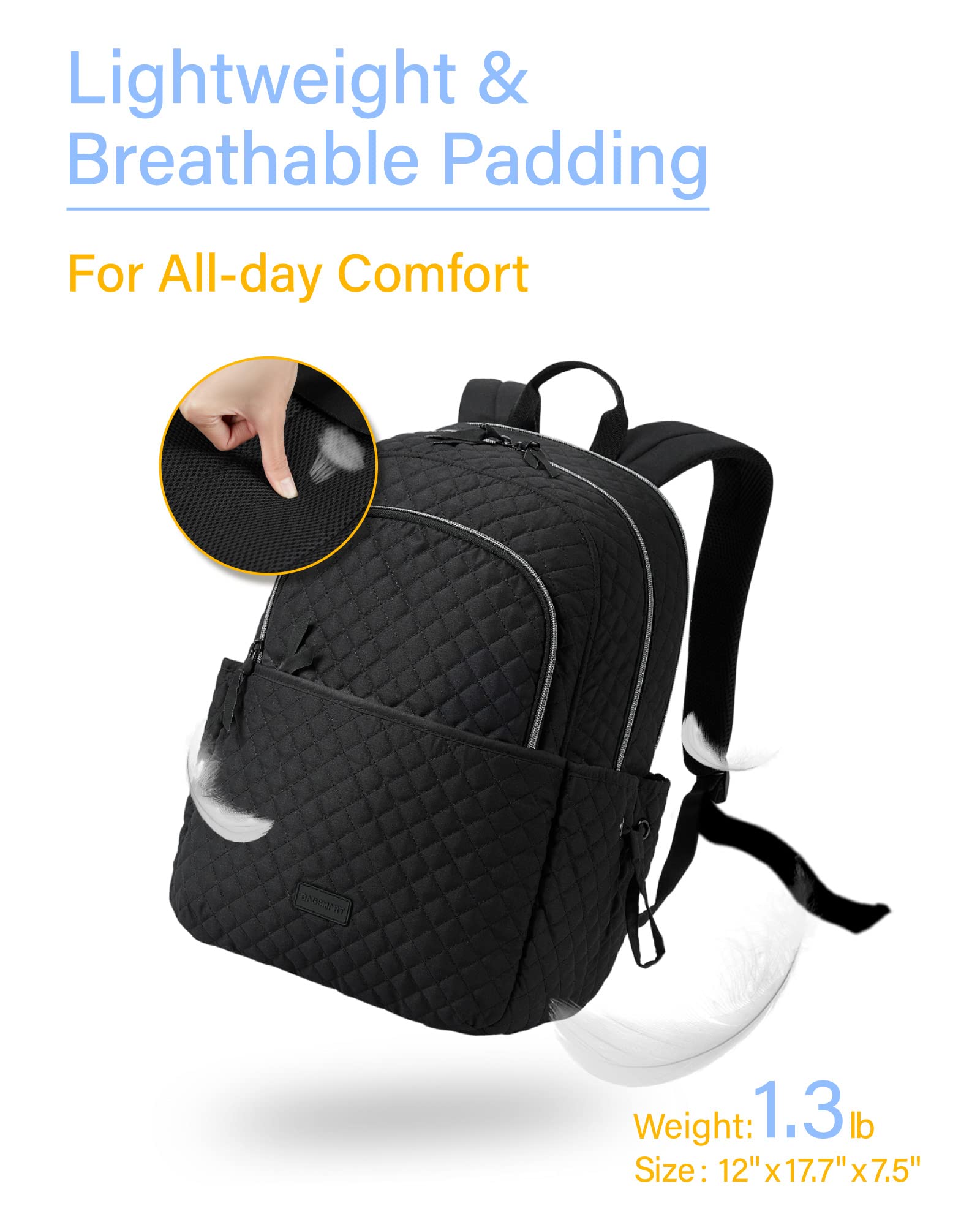BAGSMART Laptop Backpack for Women, Quilted Travel Backpack Fits 15.6 Inch Laptop, Lightweight Bookbag for School with Charging Port Hole, Computer Backpack for College Work Business, Classic Black