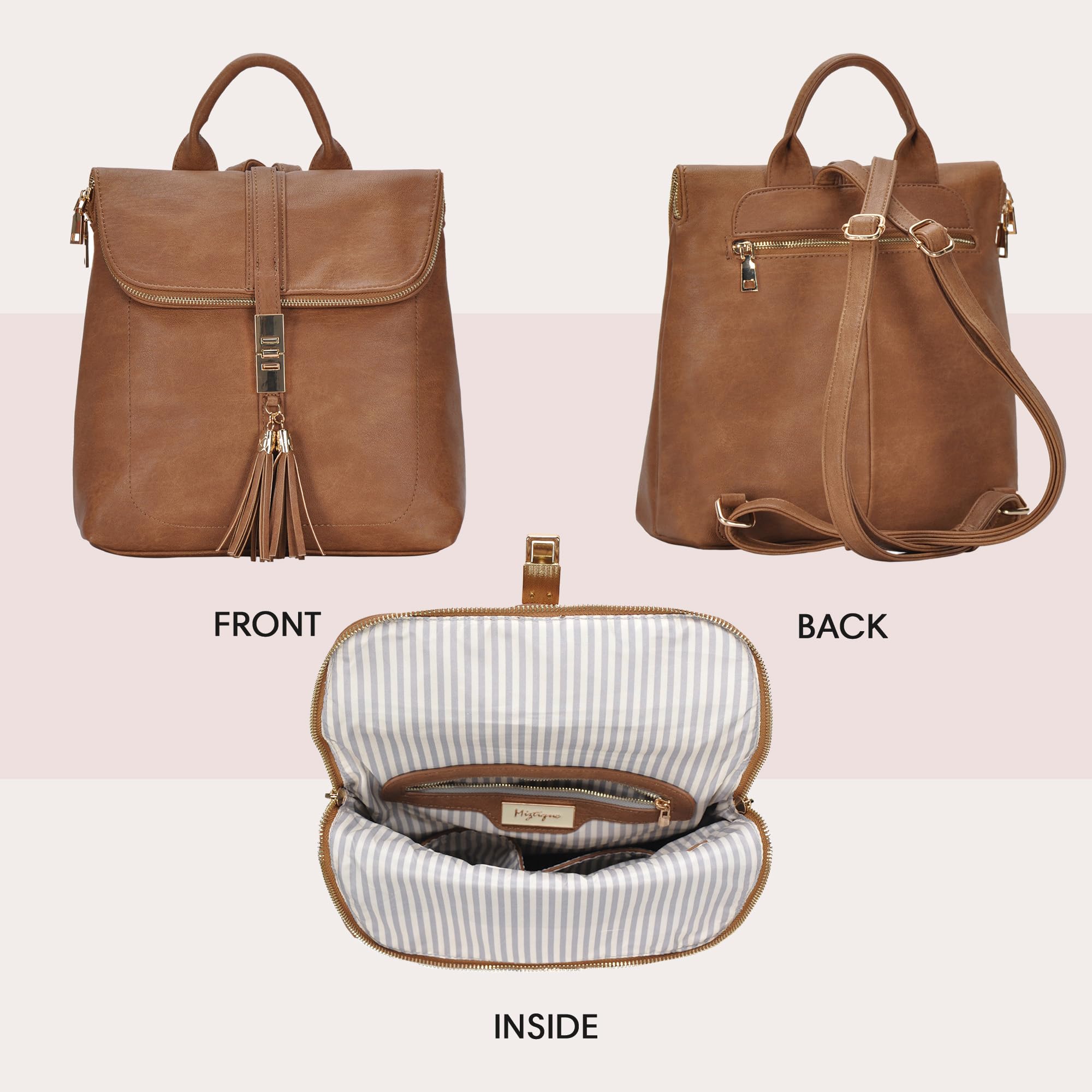 Miztique The Diana Backpack Purse for Women, Flap Over Tote Bag, Soft Vegan Leather - Tan