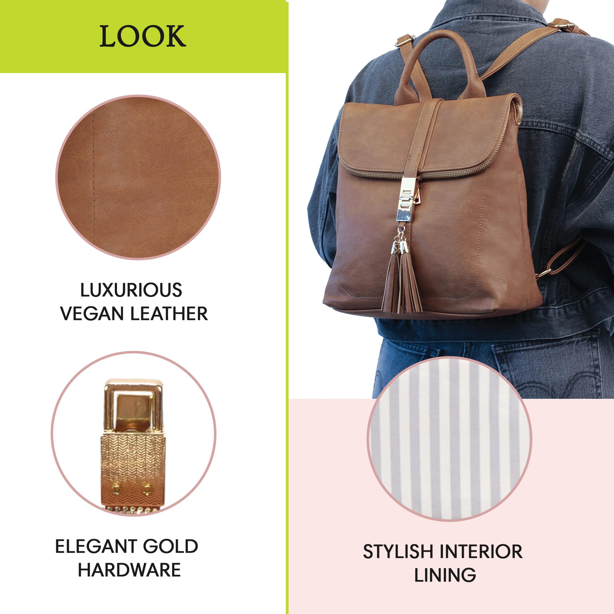 Miztique The Diana Backpack Purse for Women, Flap Over Tote Bag, Soft Vegan Leather - Tan