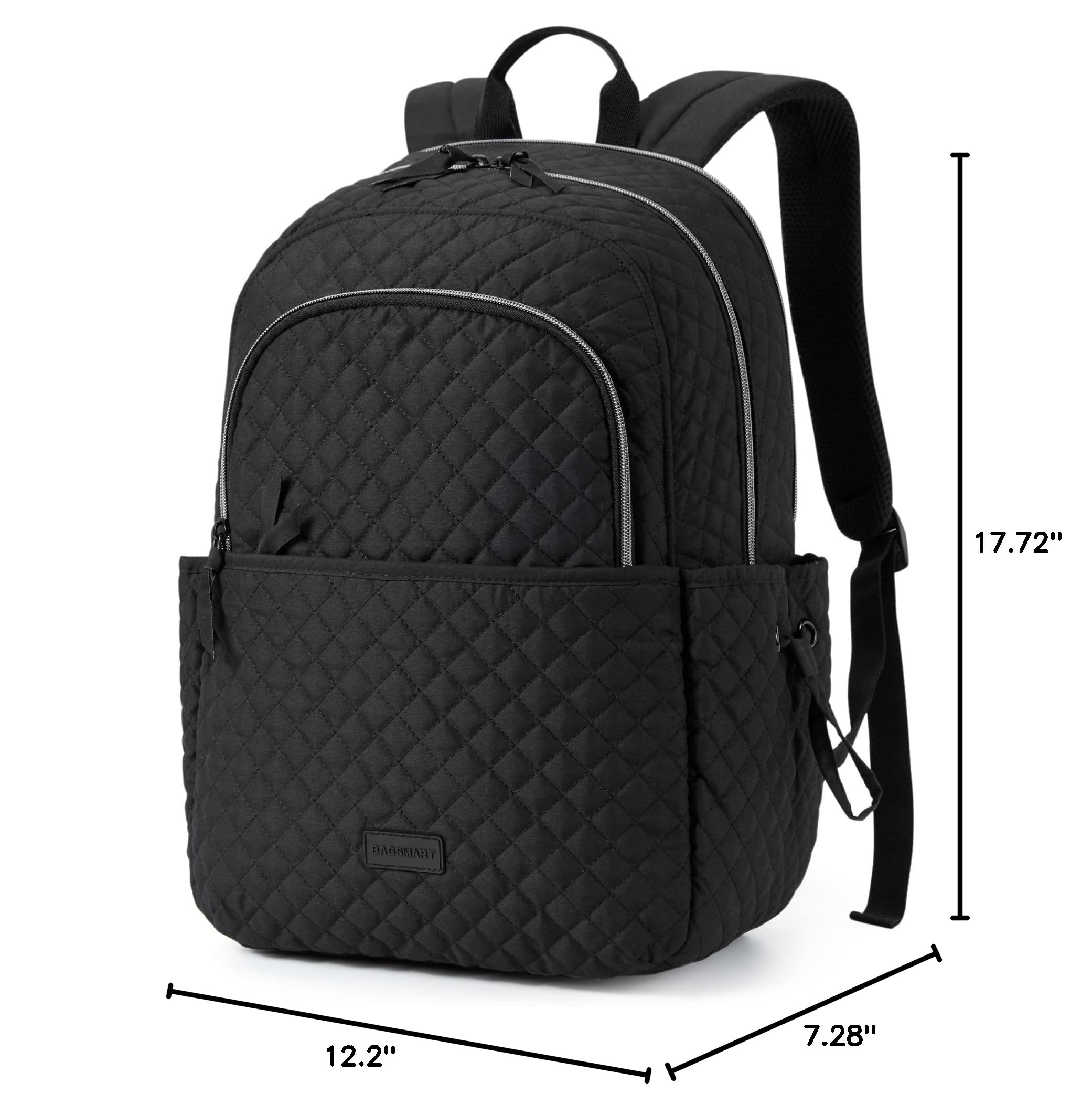 BAGSMART Laptop Backpack for Women, Quilted Travel Backpack Fits 15.6 Inch Laptop, Lightweight Bookbag for School with Charging Port Hole, Computer Backpack for College Work Business, Classic Black