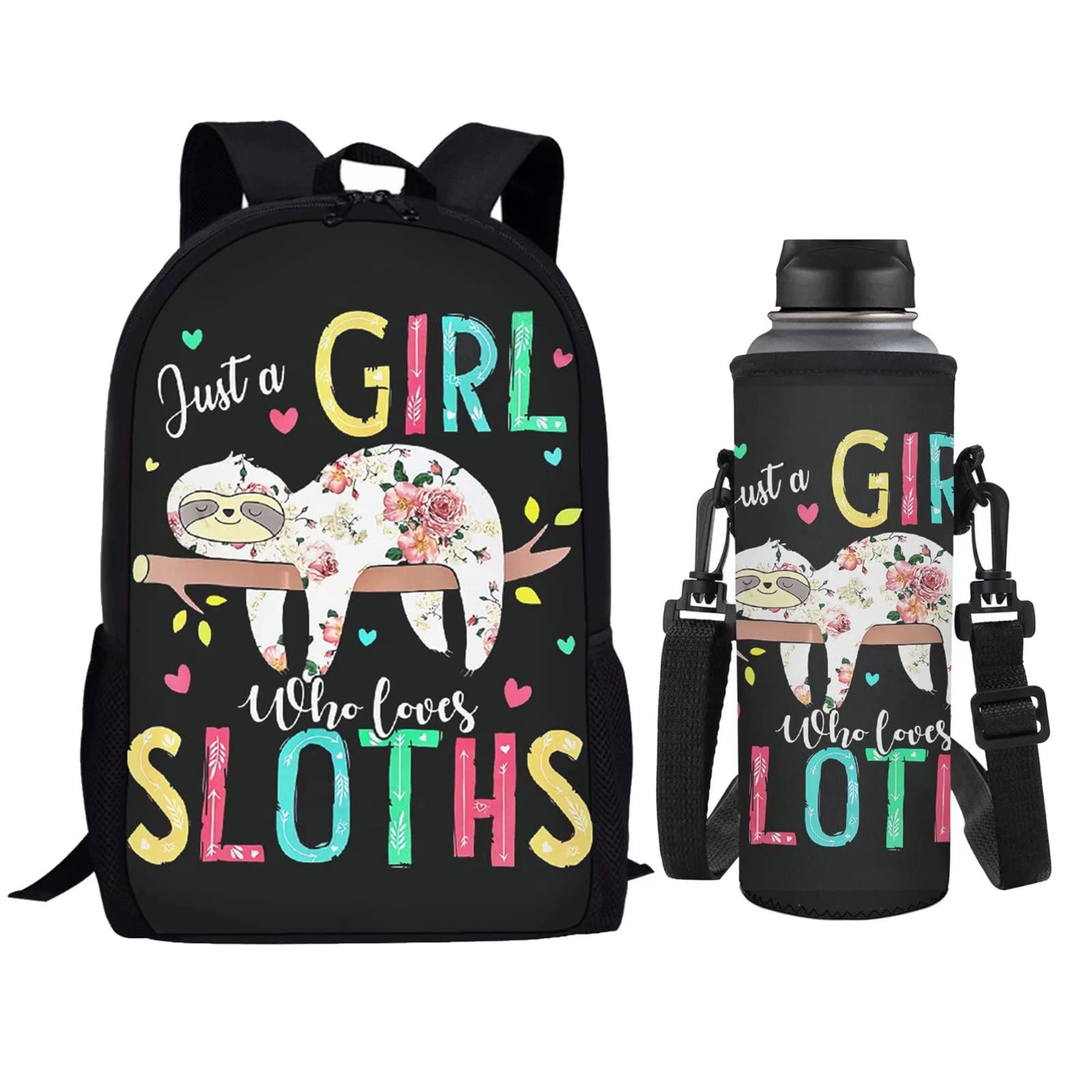 Belidome Backpack Rucksack Daypack+ Water Bottle Sleeve Cover, 2 Piece, Just A Girl Who Loves Sloths