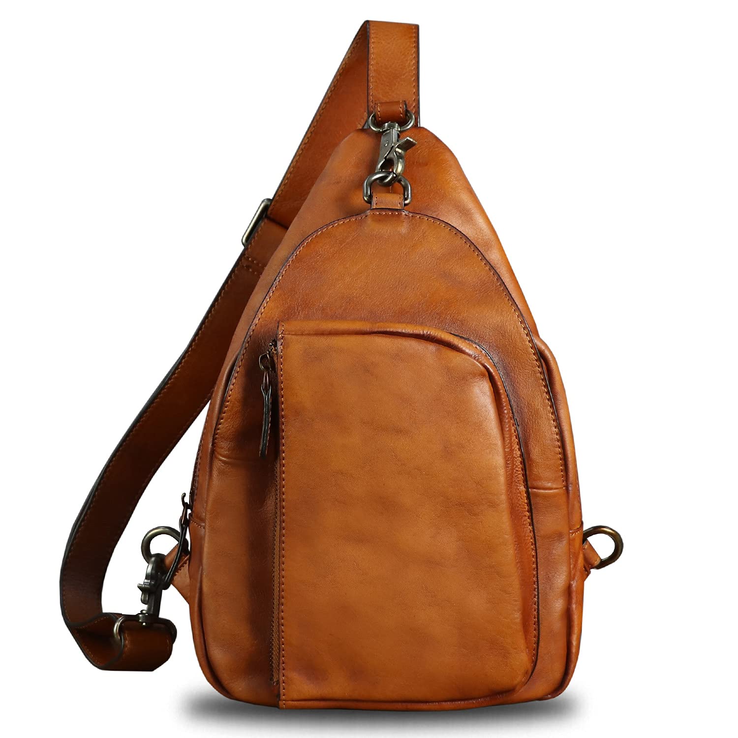 IVTG Genuine Leather Sling Bag Vintage Crossbody Hiking Shoulder Bag Sling Backpack Retro Cowhide Handmade Casual Daypack Motocycle Bag Cycling Daypack (Brown)